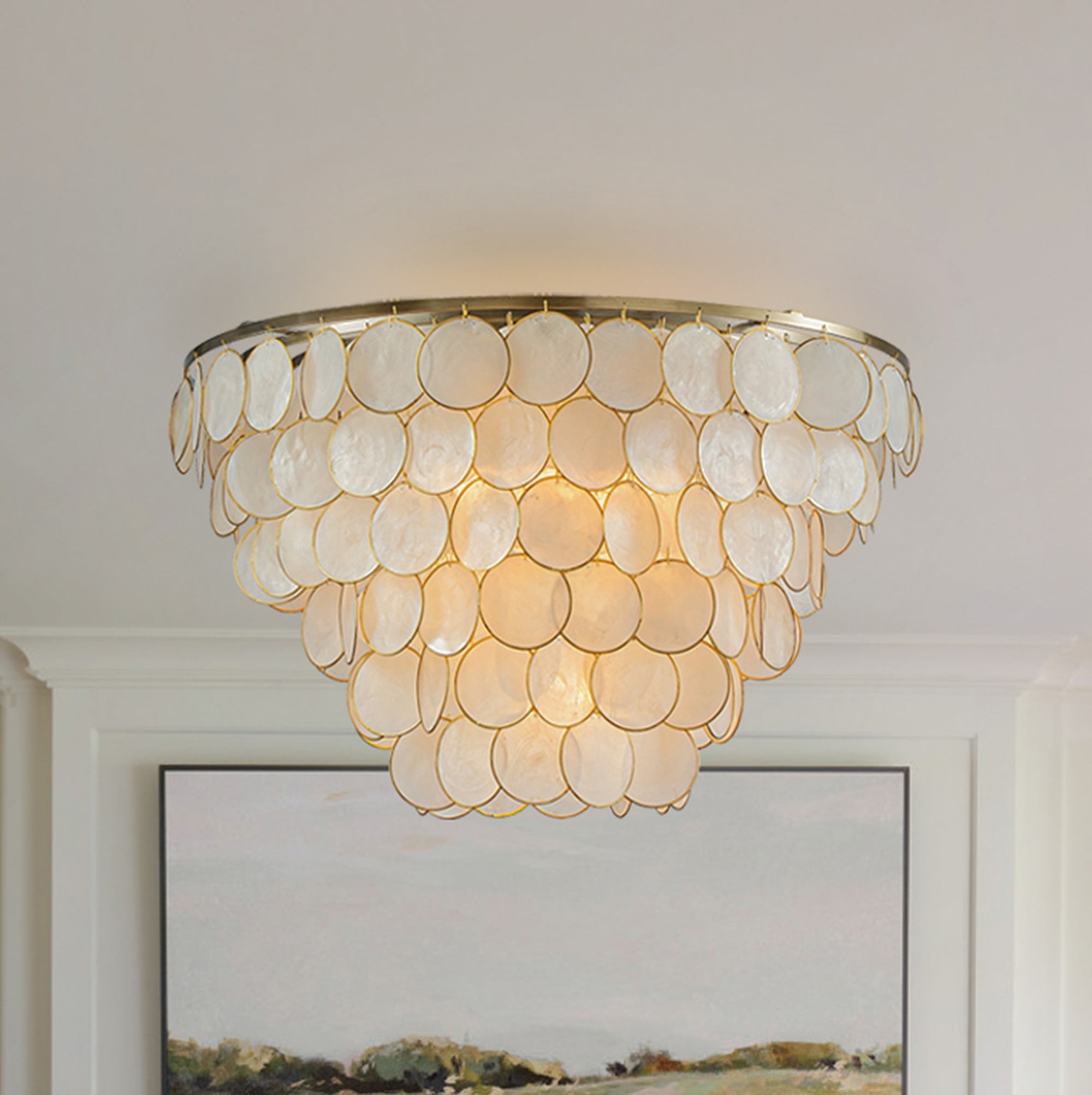W24 in 5 Lights Coastal Capiz Shell Close to Ceiling Light Farmhouse ...