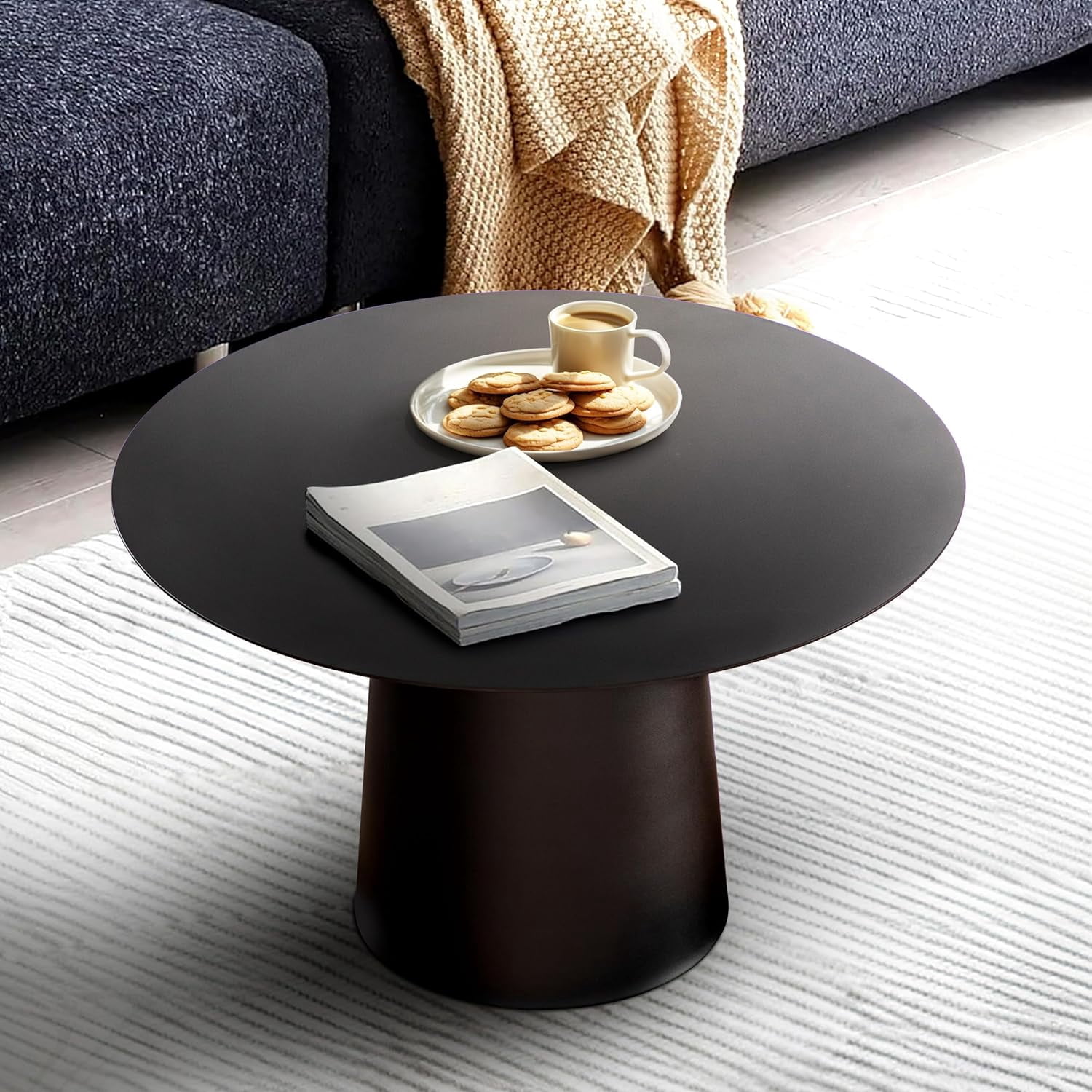 W24 in. Small Black Round Table Modern and Contemporary Coffee Table ...