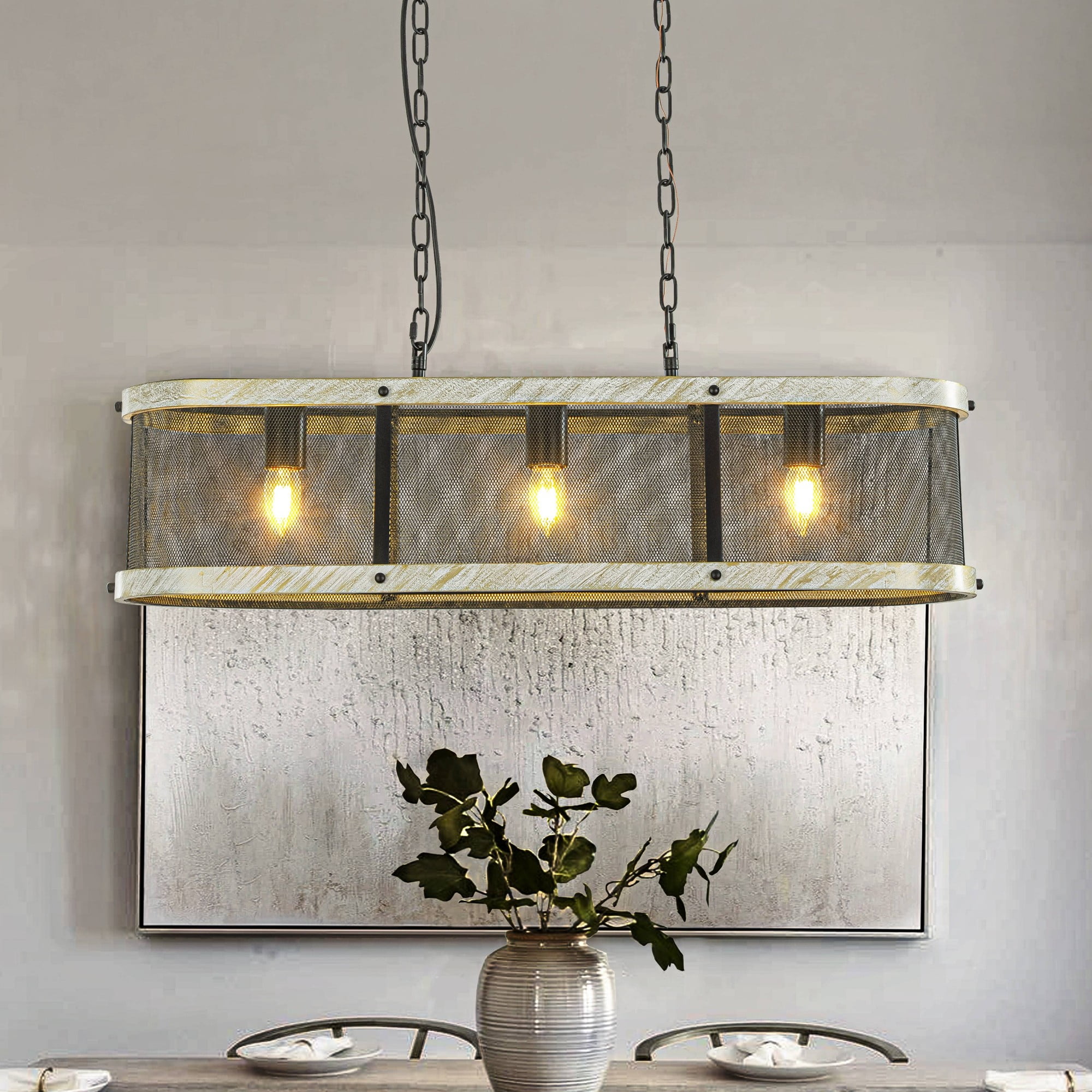 W32 in 3 Lights Farmhouse Rectangular Kitchen Island Chandelier Rustic ...