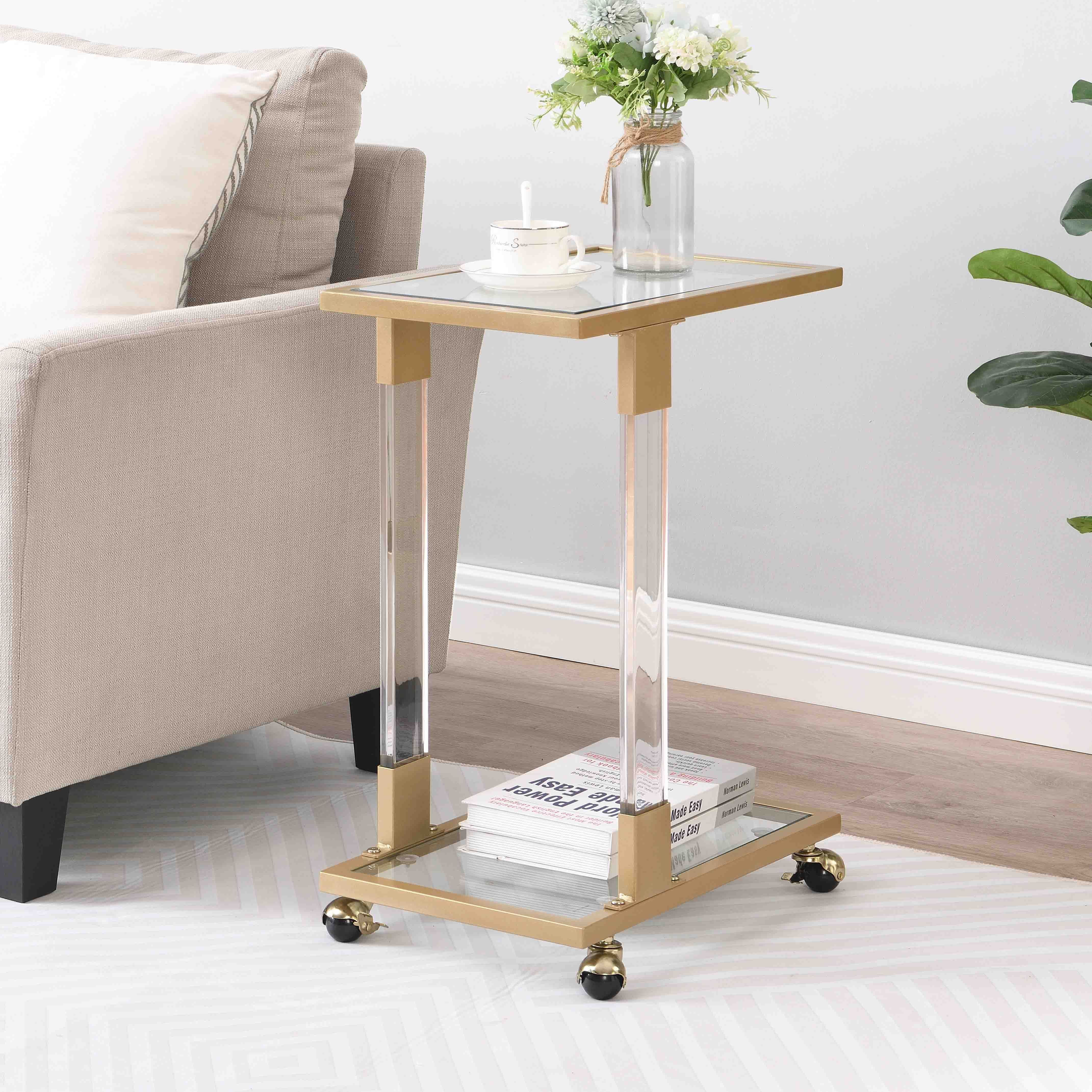 W82153574 Golden Side Table, Acrylic Sofa Table, Glass Top C Shape ...