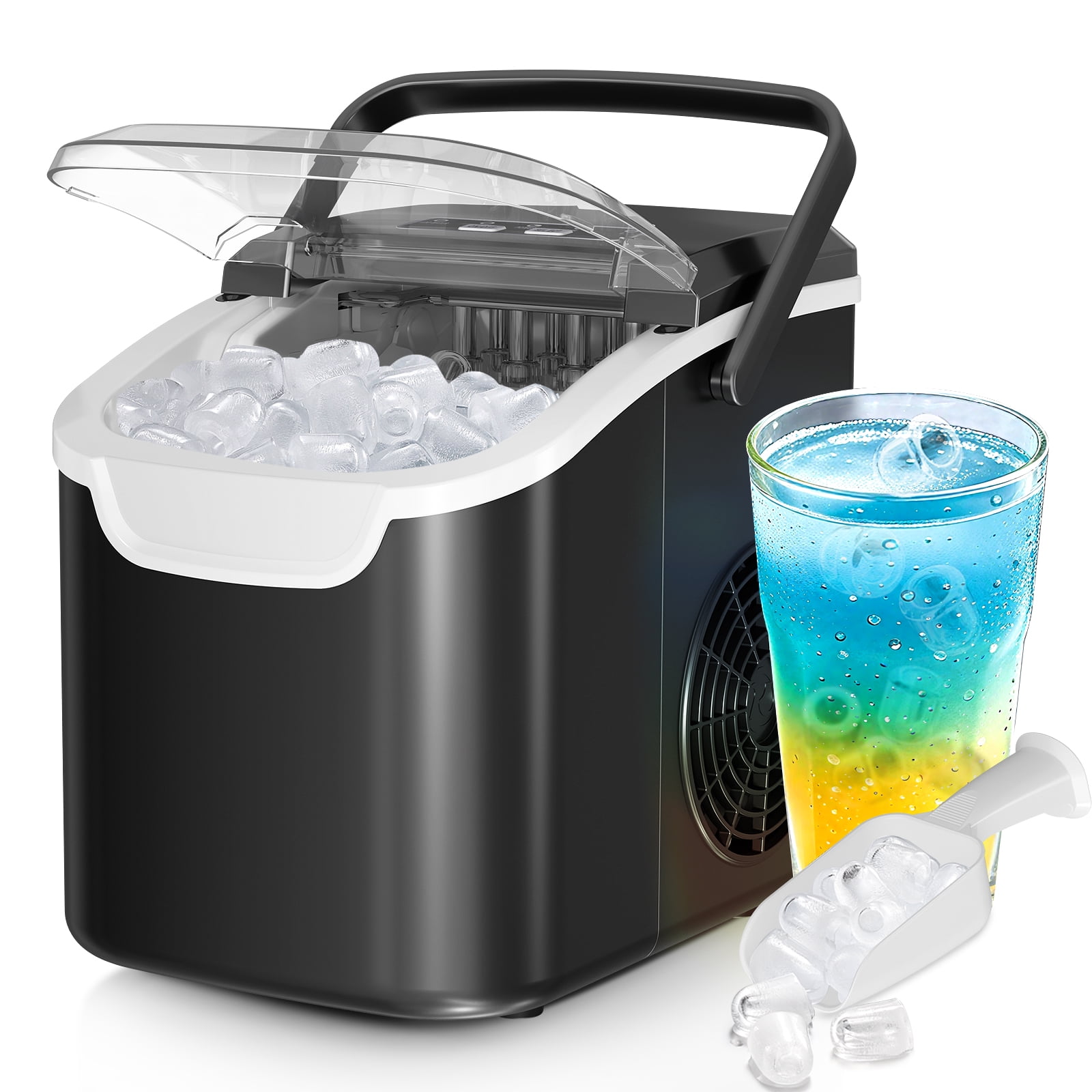 WAA Countertop Ice Maker with LED Display & Timer,26lbs/24H,Self-Cleaning,Portable Handle ...