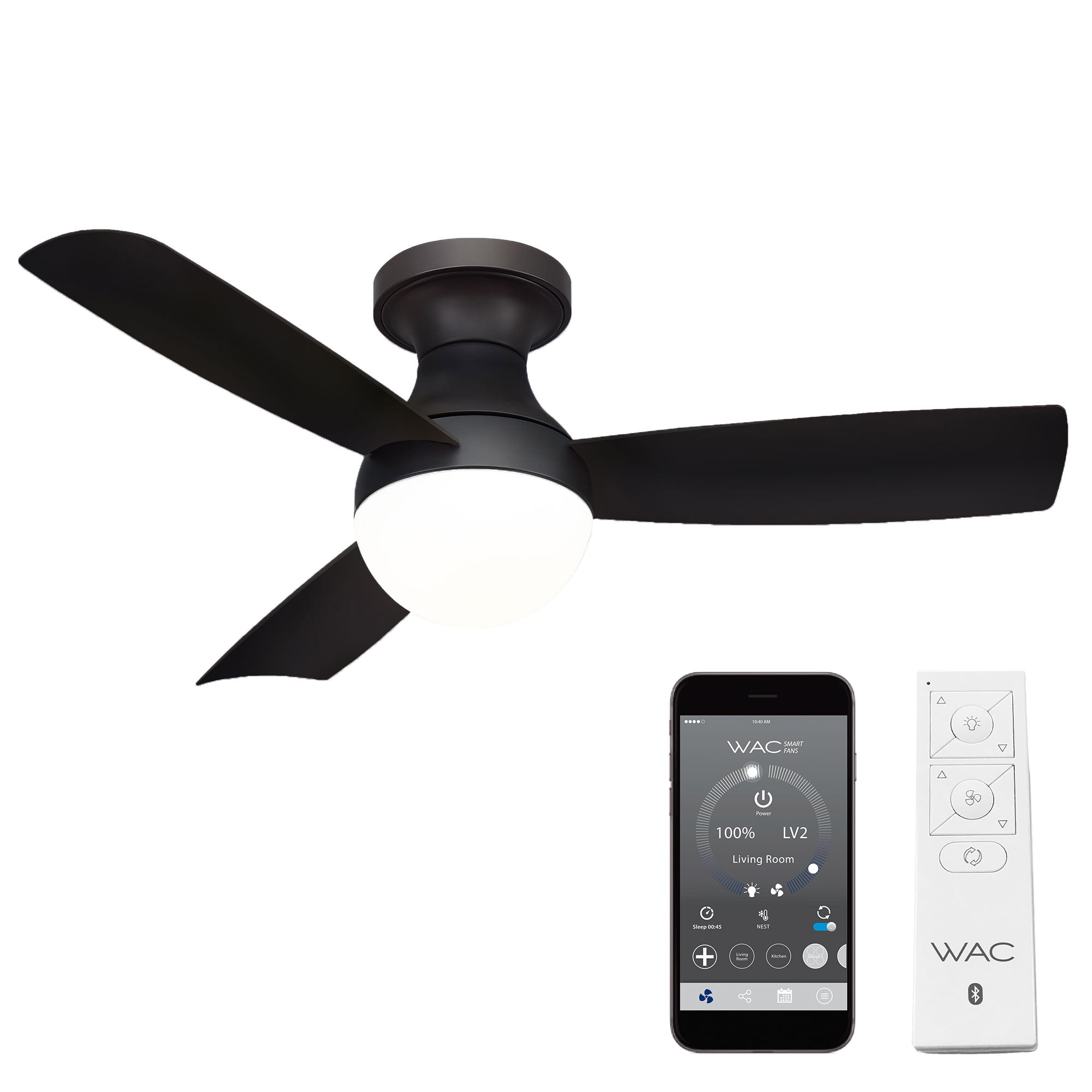 WAC Orb 44" Matte Black Smart Flush Mount Ceiling Fan with 3000K LED ...