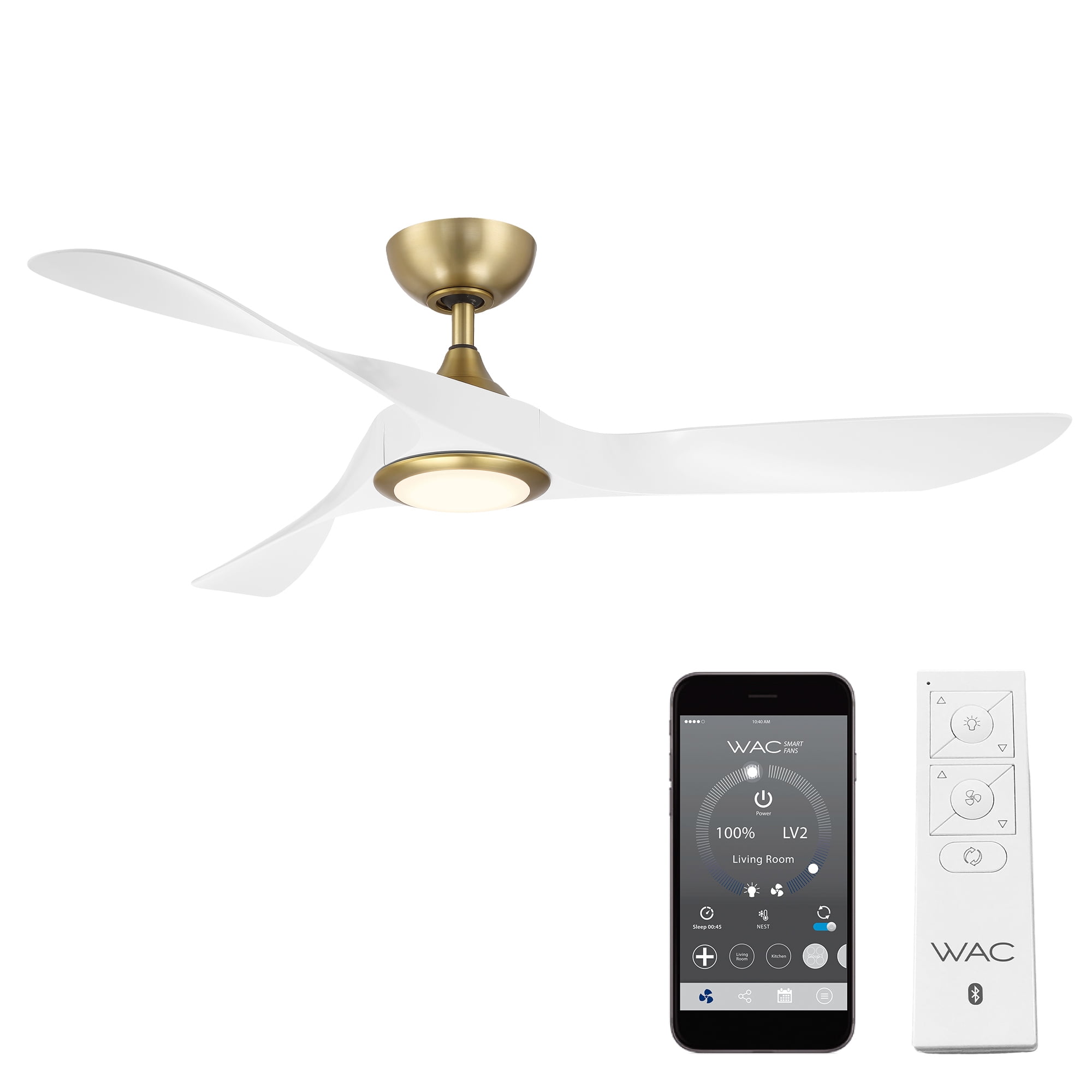 WAC Swirl 54" Soft Brass/Matte White Dimmable LED Smart Ceiling Fan ...