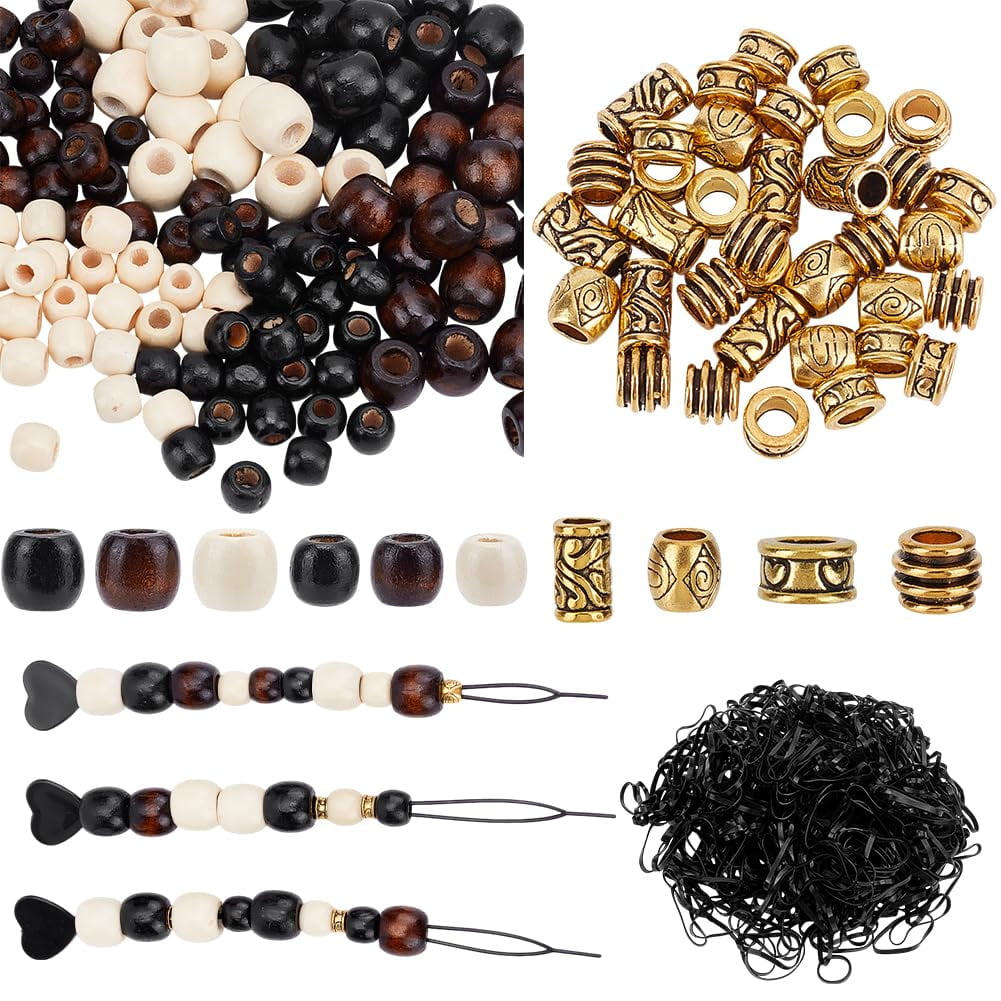 WADORN 1005 Pieces Wooden Hair Beads Set, 500 Hole Barrel Wood Beads ...