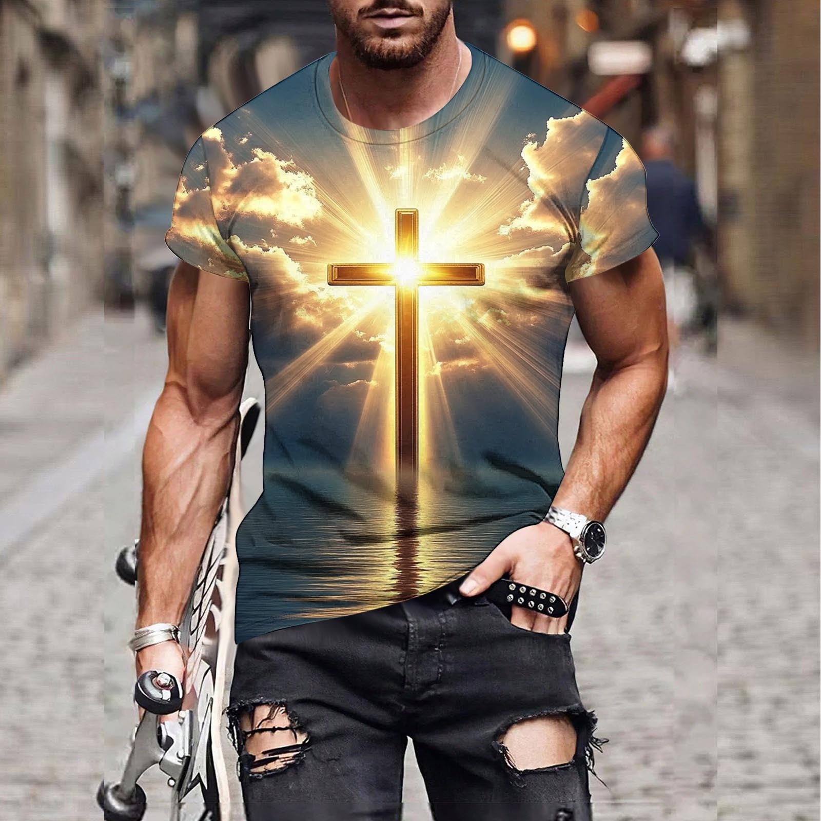 WAENQINLA 3D Graphic T Shirts for Men Jesus Cross Printed Casual Short ...