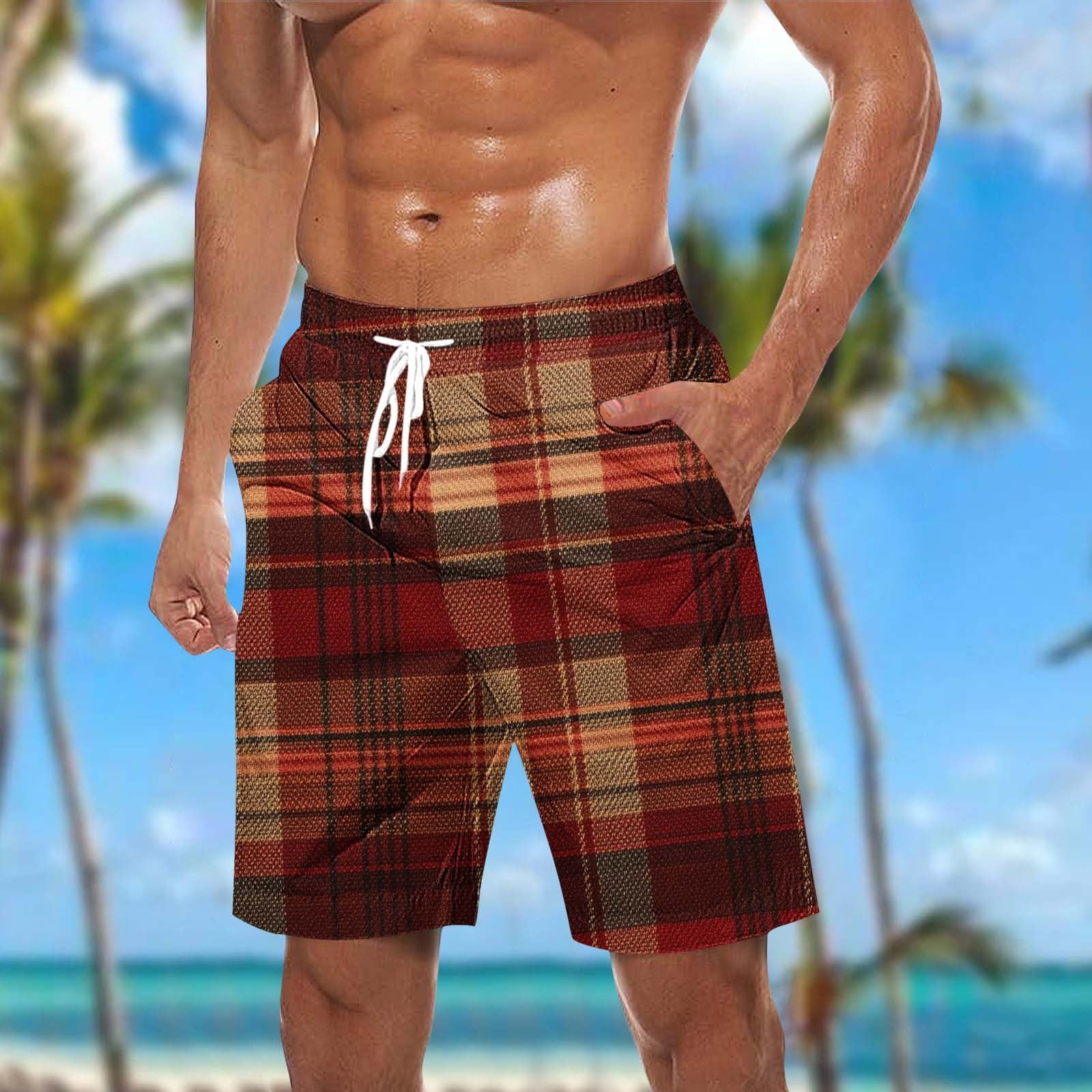 WAENQINLA Big and Tall Swim Trunks for Men Summer 2025 Drawstring Plaid ...