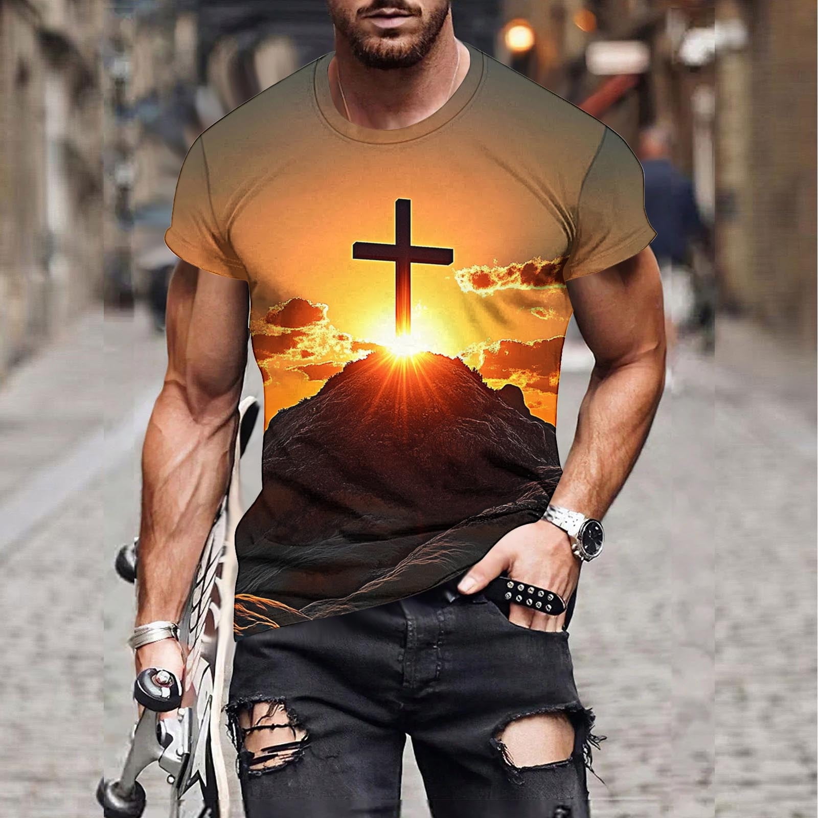 WAENQINLA Men's Fashion Jesus Cross 3D Print T-Shirt Short Sleeve Funny ...