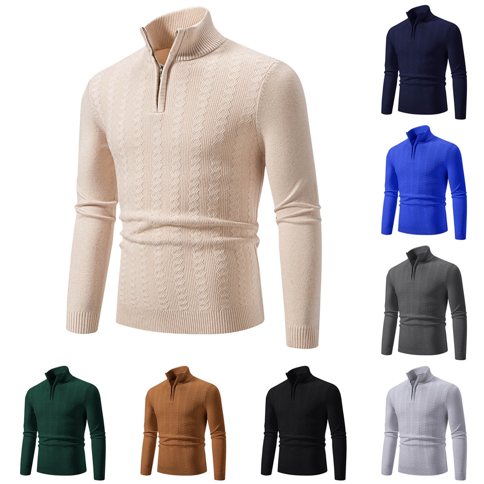 WAENQINLA Men's Quarter Zip Mock Neck Sweaters Cable Knit Stand Collar ...