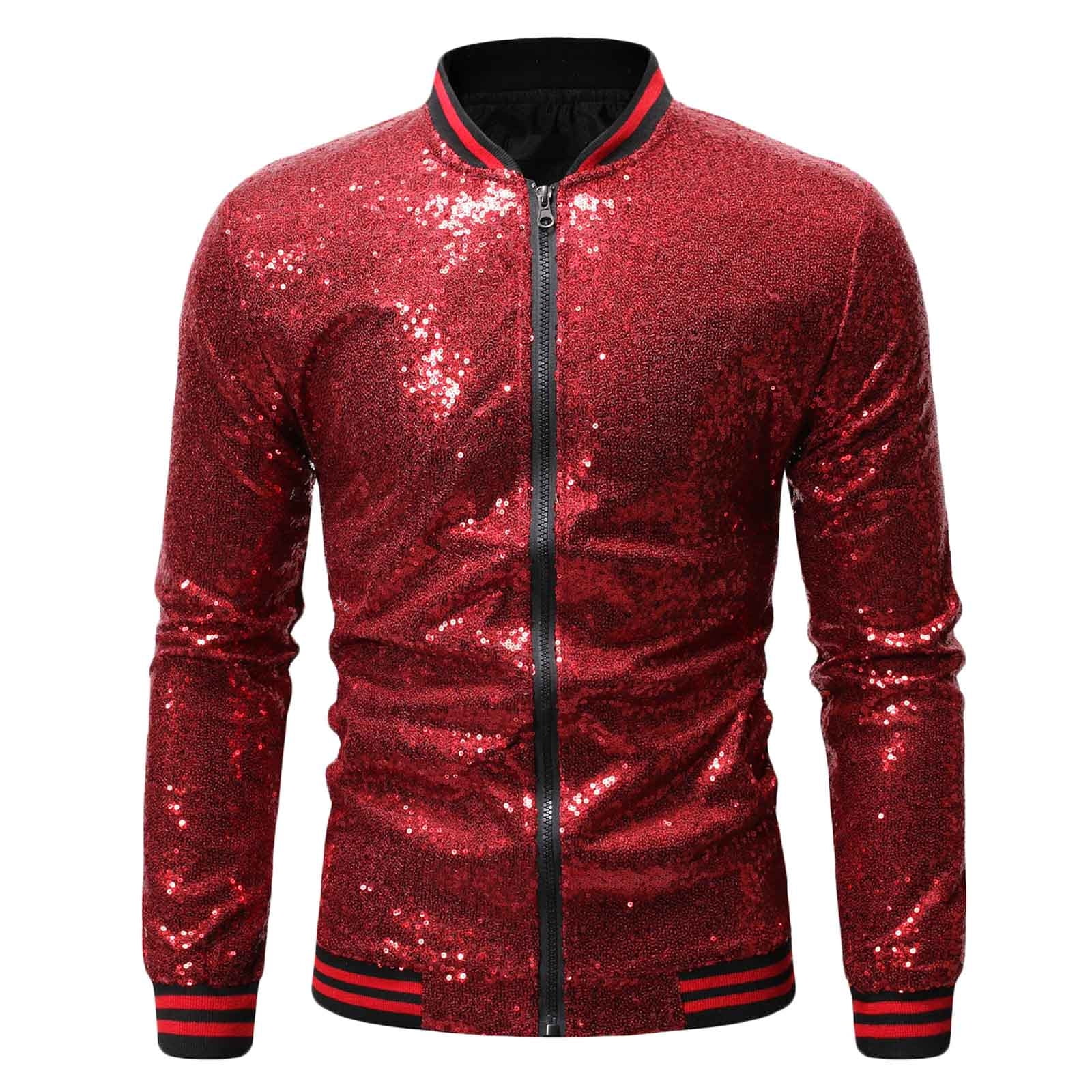 WAENQINLA Men's Sequin Varsity Jacket Lightweight Zip Up Stand Collar ...