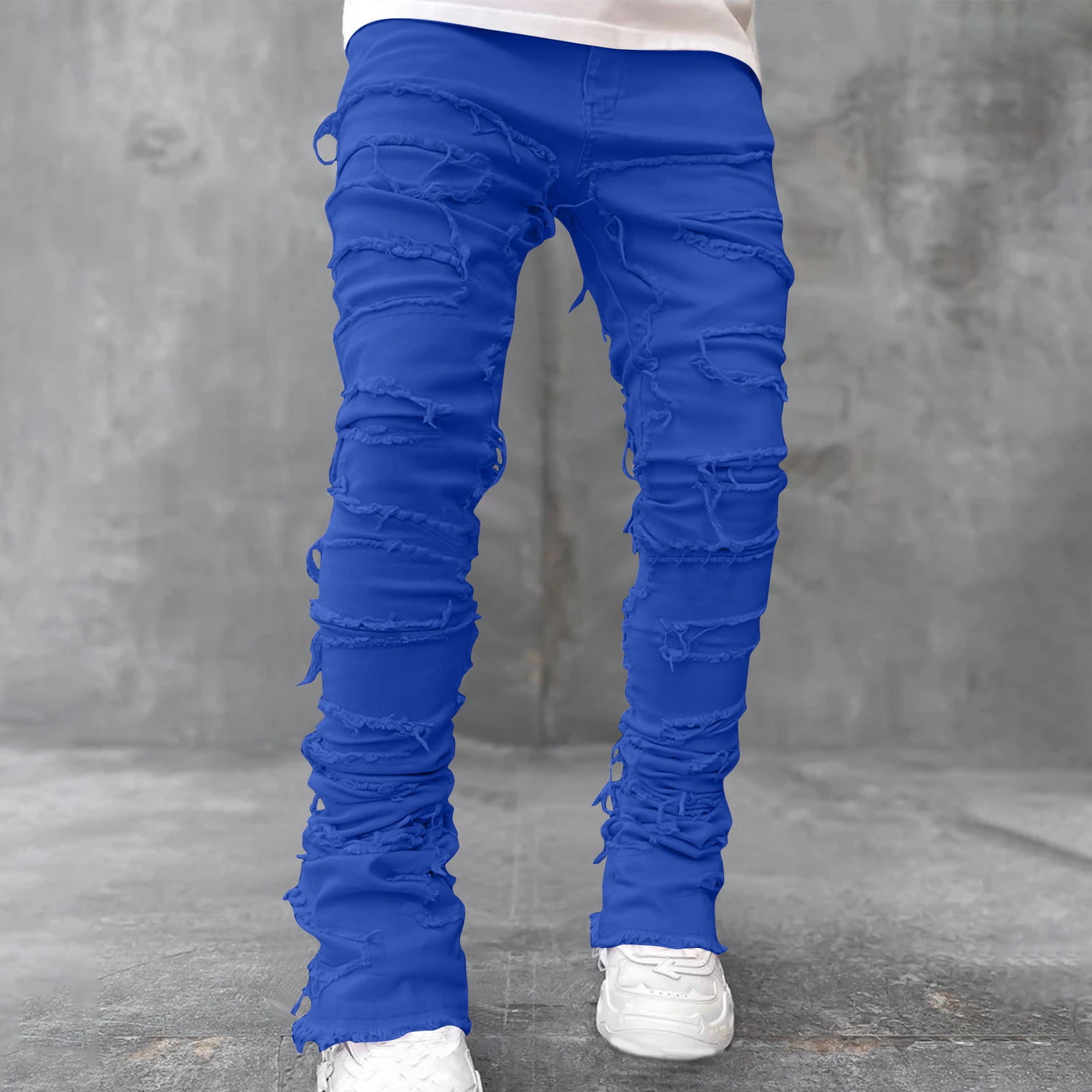 WAENQINLA Men's Stacked Jeans Slim Fit Patch Distressed Destroyed Denim ...