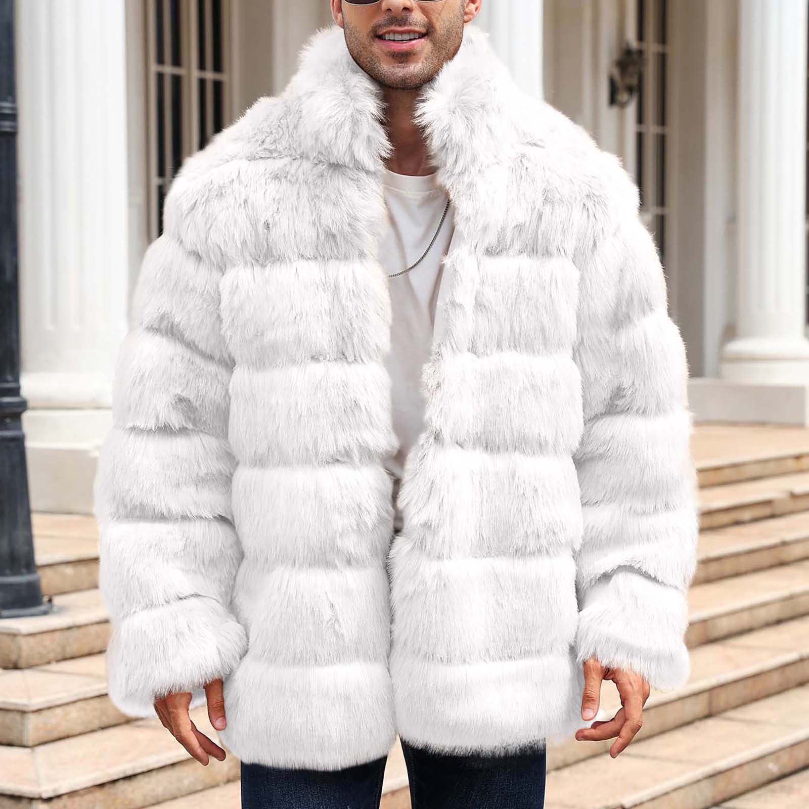 WAENQINLA Mens Faux Fur Coat Cardigan 2024 Winter Warm Furry Stand Collar Overcoat Luxury Fluffy ...