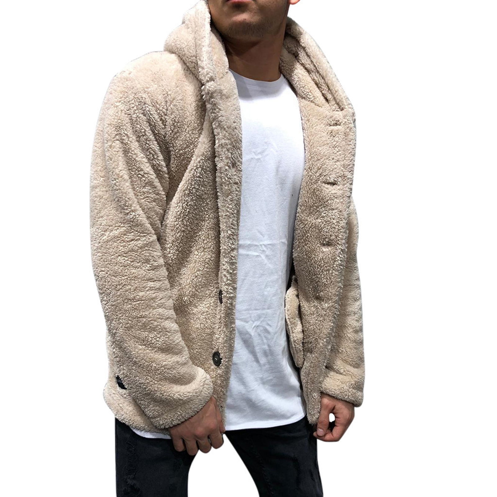 WAENQINLA Mens Fuzzy Sherpa Jacket with Hood Fluffy Button Down Open ...