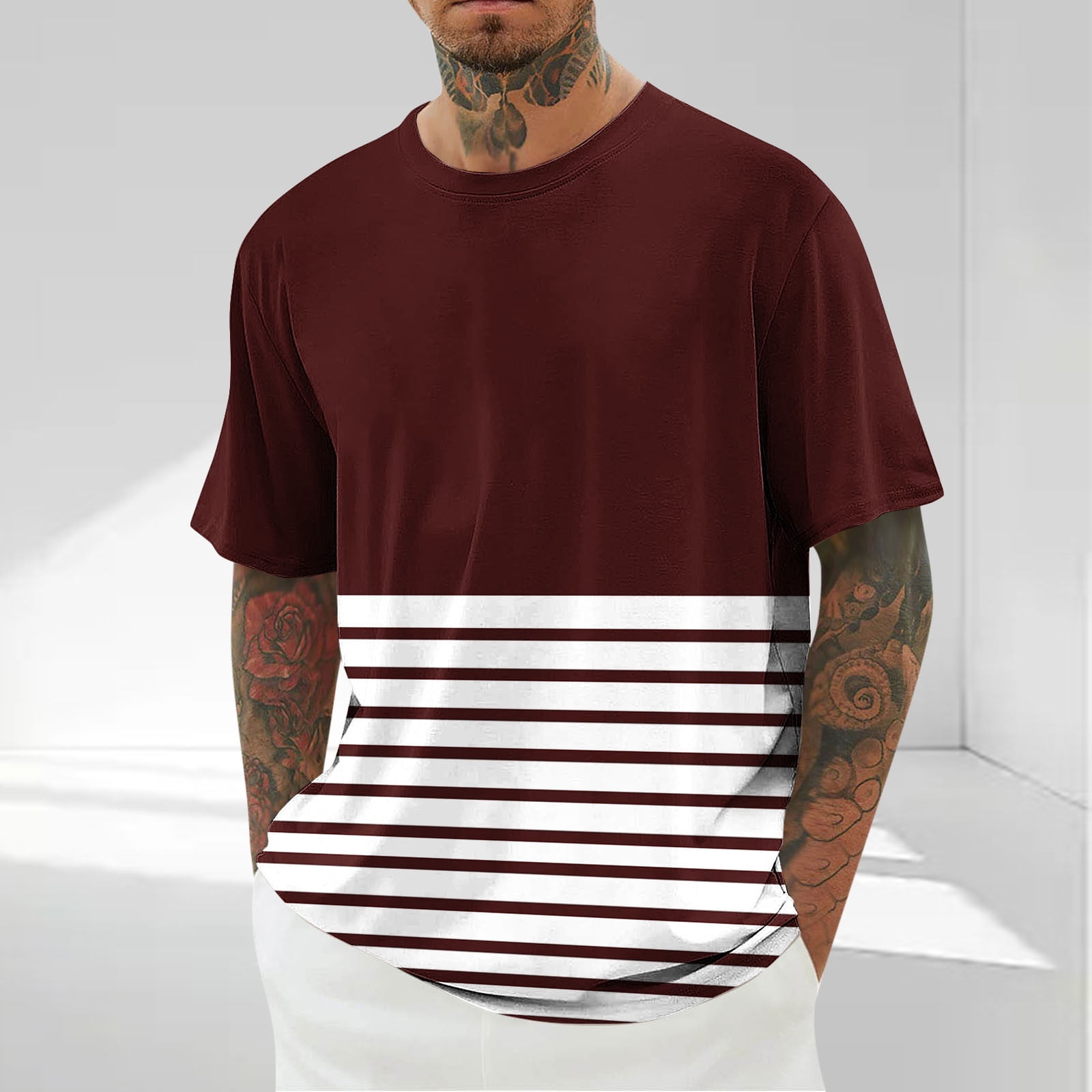 WAENQINLA Mens Short Sleeve T-Shirts Oversize Crewneck Striped Shirt ...