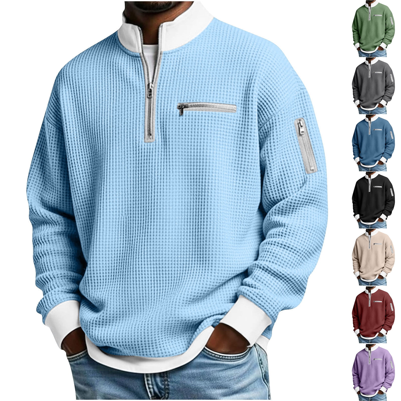 WAENQINLA Waffle Long Sleeve Shirts for Men Quarter Zip Color Block ...