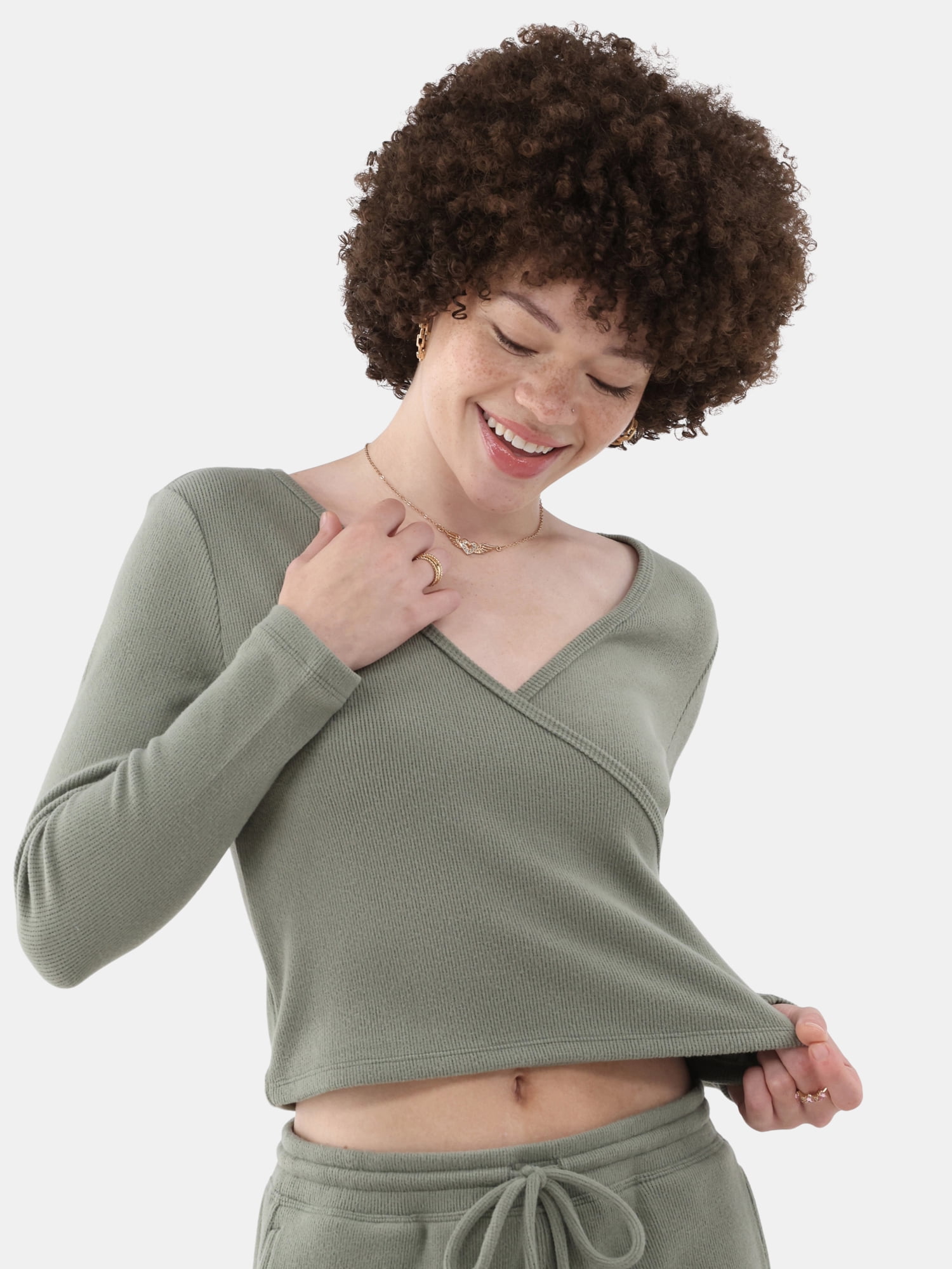 No Boundaries Brushed Waffle Knit Wrap Sleep Top, Women’s, Sizes XS-XXL ...