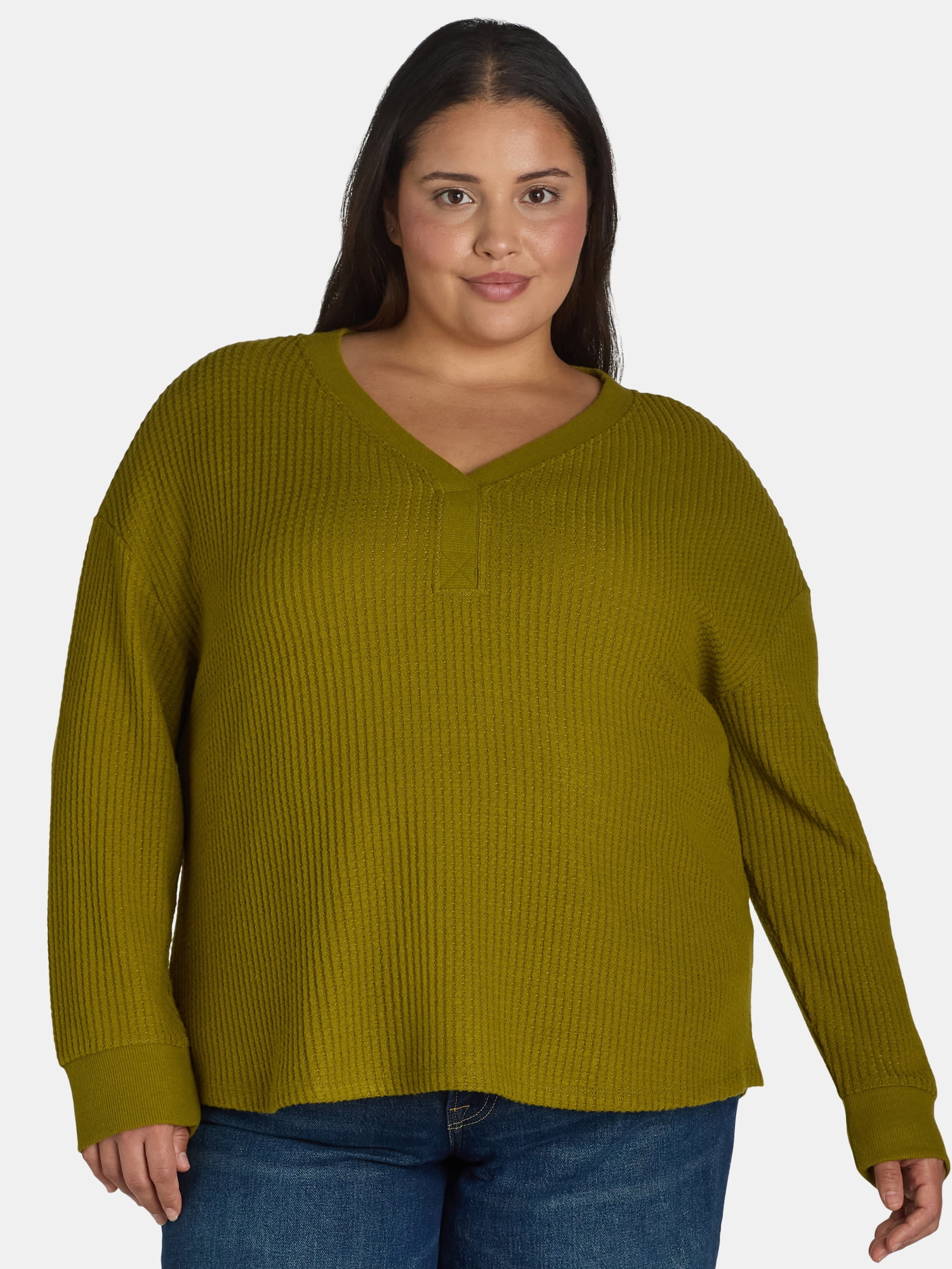 Terra & Sky Women’s Plus Waffle V Neck Henley Top, Sizes 0X-5X ...