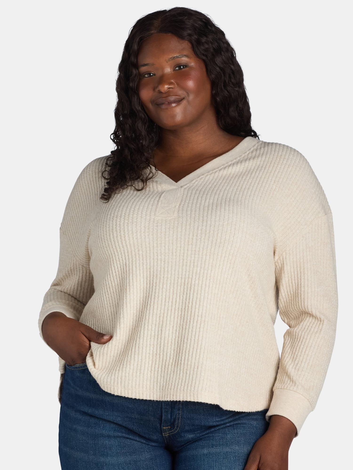 Terra & Sky Women’s Plus Waffle V Neck Henley Top, Sizes 0X-5X ...