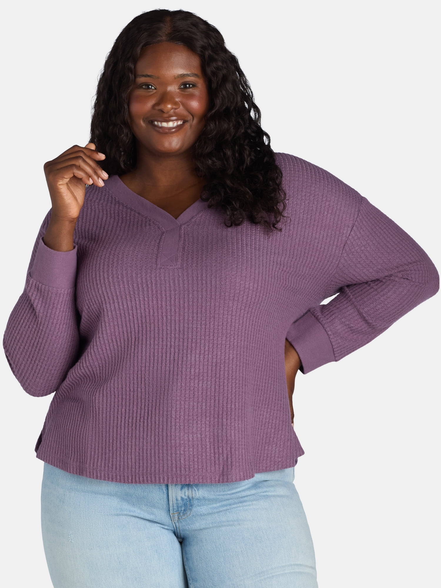 Terra & Sky Women’s Plus Waffle V Neck Henley Top, Sizes 0X-5X ...