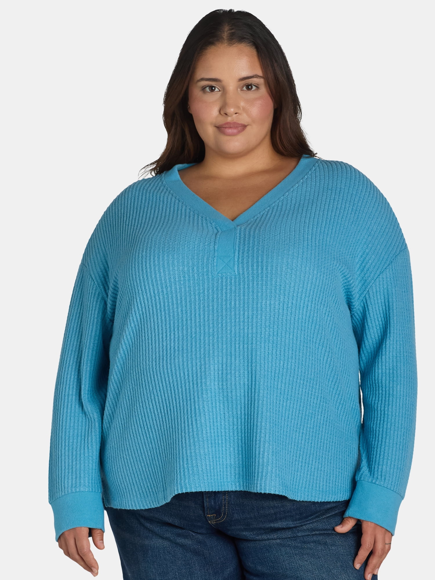 Terra & Sky Women’s Plus Waffle V Neck Henley Top, Sizes 0X-5X ...