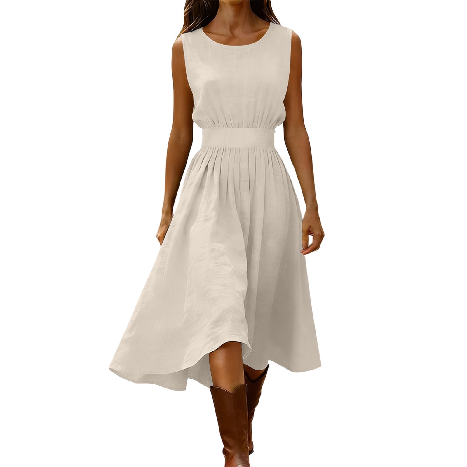 WAGUTH Women's Round Neck 3/4 Sleeve Midi Dresses Elastic Waist A-Line ...