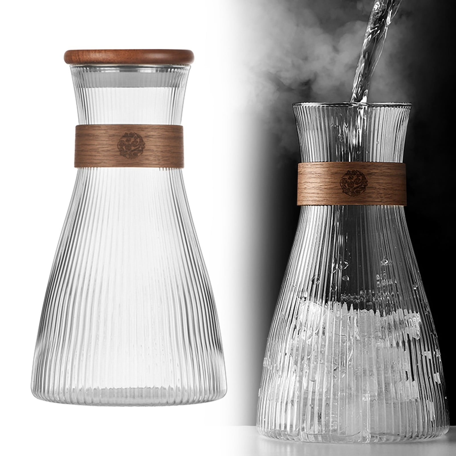 WAHIUHIUA Clearance Ribbed Glass Carafe With Wood Lid | Airtight Clear ...
