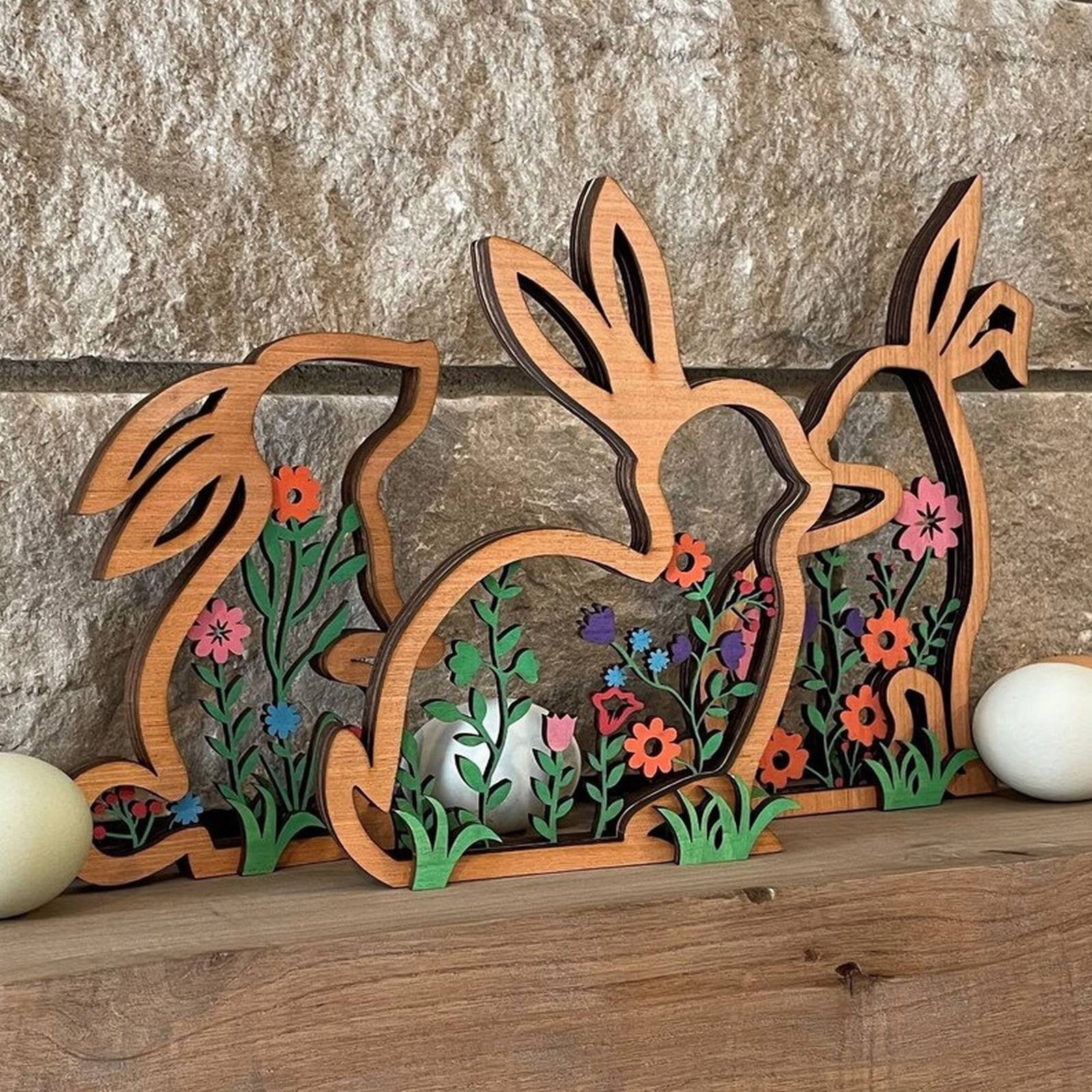 WAHIUHIUA Pack Of 3 Easter Decorative Figures Made Of Wood 3D Hollow ...