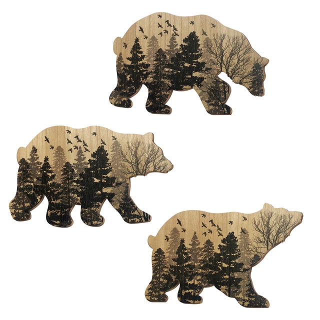 WAIU Wooden Wildlife Bear Wall Decor Home Lodge Wall Decor Set of 3 ...