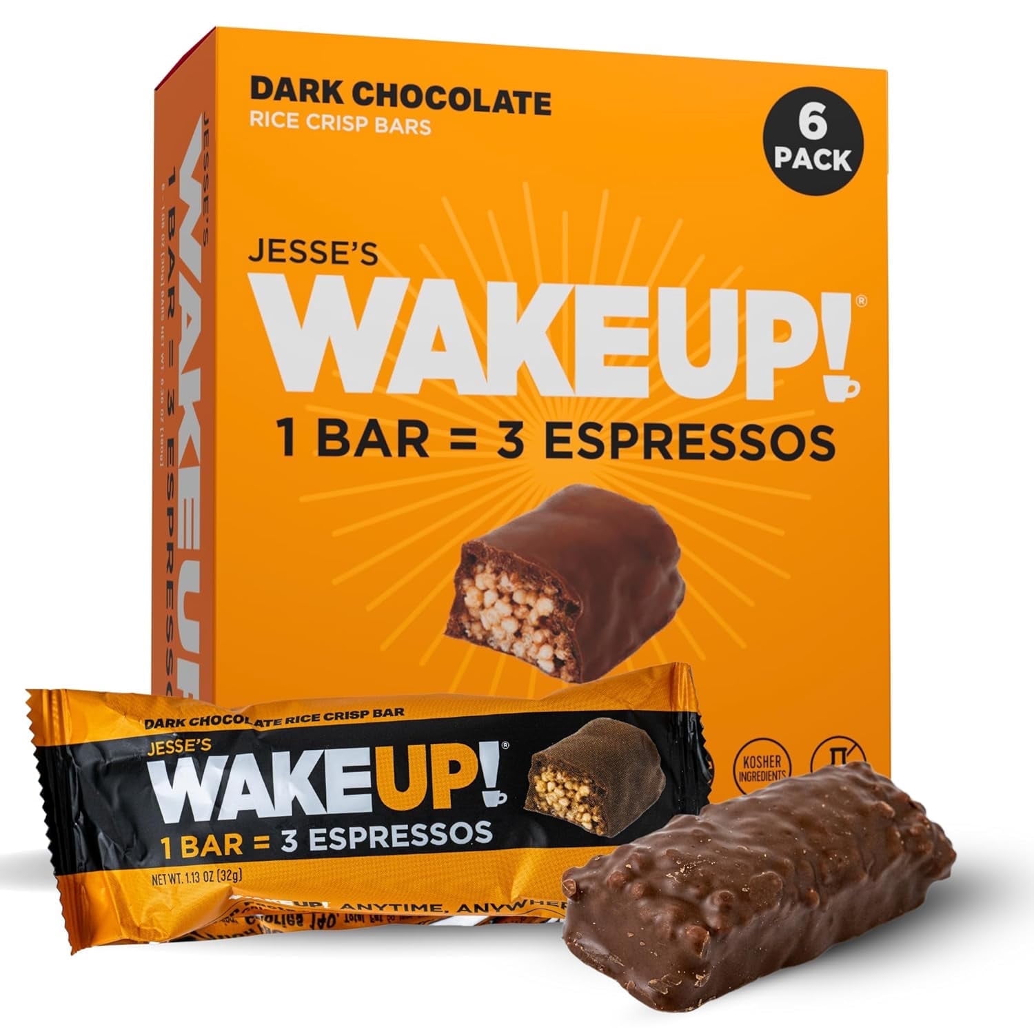 Jesse's WakeUP! Caffeinated Chocolate Protein Bars, 350mg Natural ...