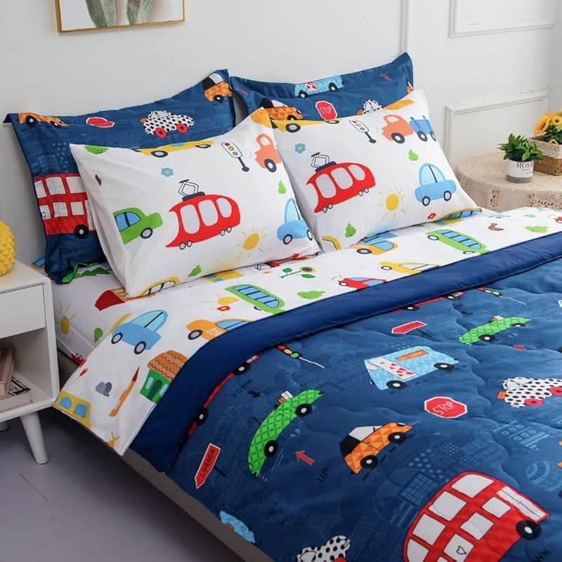 WALE Cartoon Cars Comforter Set Bed in A Bag Twin Size Colorful Cars ...
