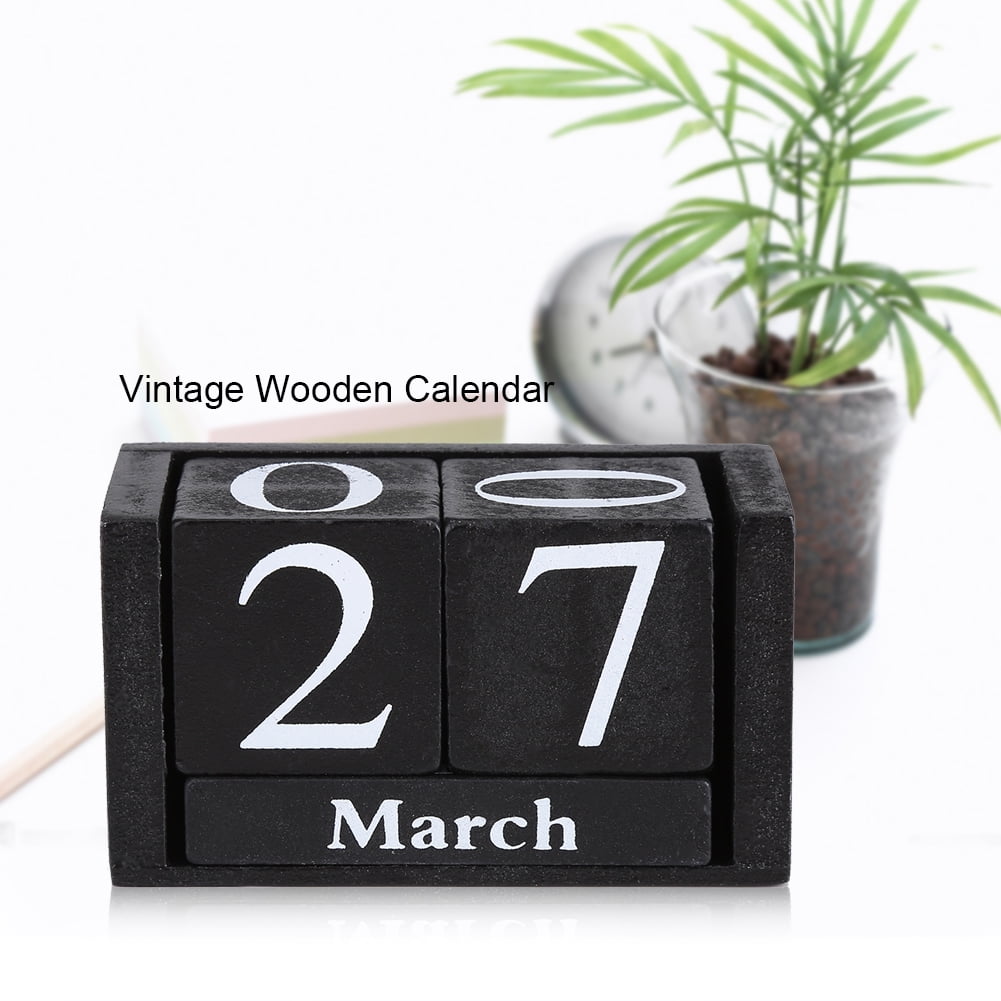 WALFRONT Vintage Wooden Calendar Desktop Wood Block Month Date Display ...