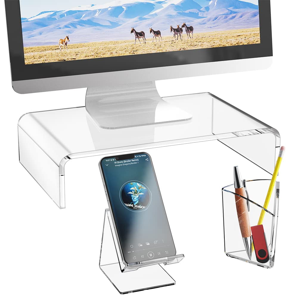 WALI Acrylic Monitor Stand, Clear Monitor Riser with Phone Holder and ...