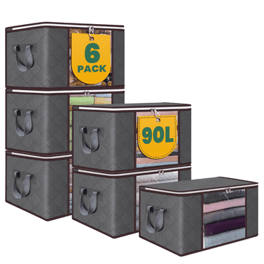 WeluvFit 90L Large Clothes Storage, 6 Pack Gray Collapse Zip Containers ...