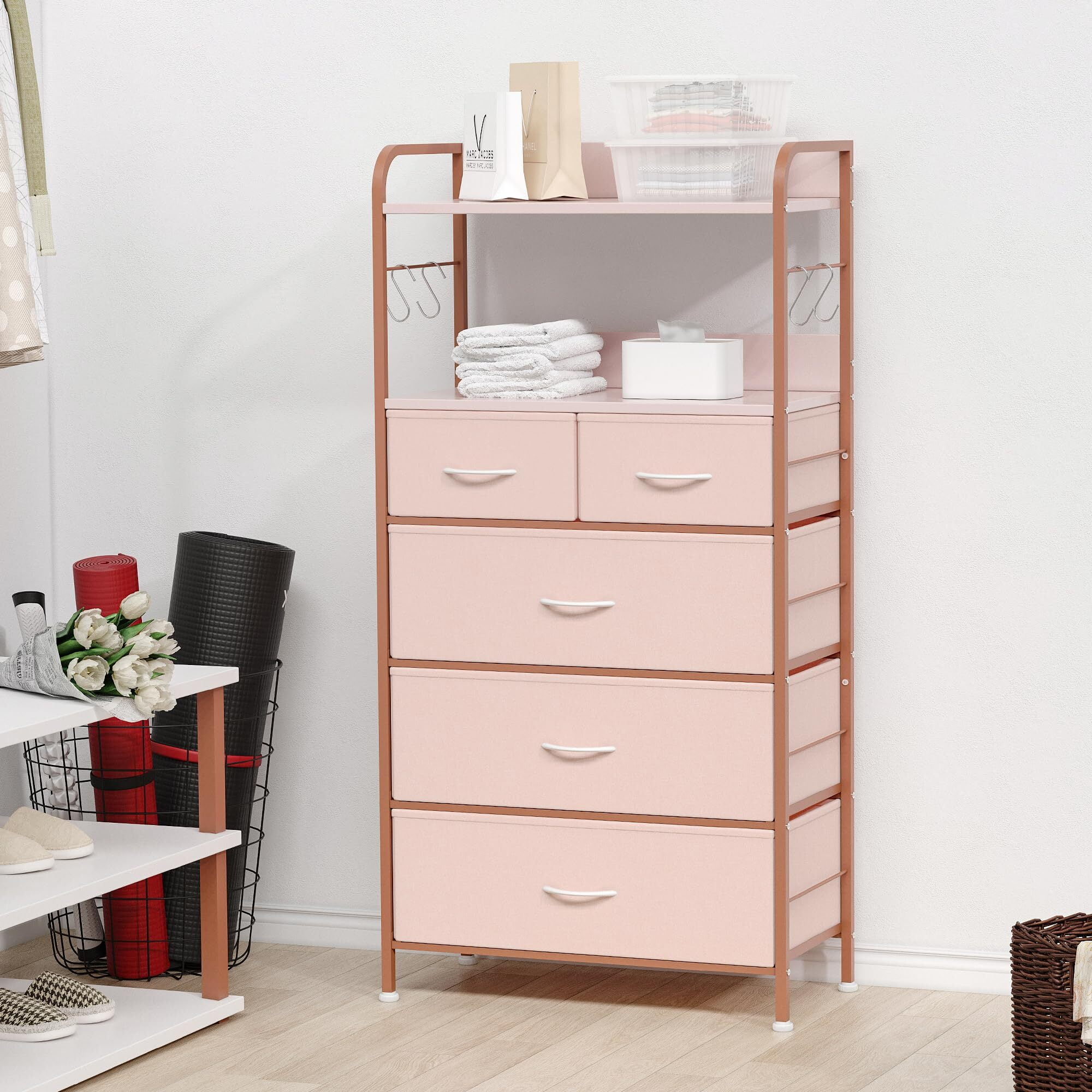 WALYWIK 5 Drawers Dresser, Tall Dresser for Bedroom, Fabric Drawer ...