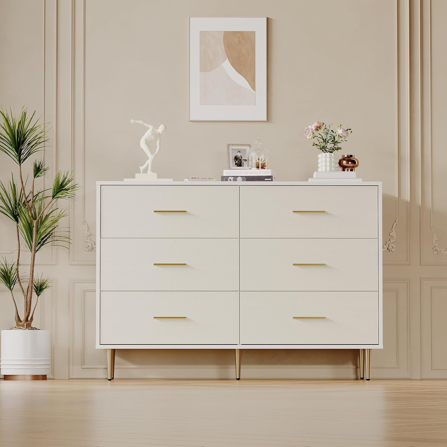 WALYWIK 6 Drawer Dresser – Modern White Chest of Drawers with Gold ...