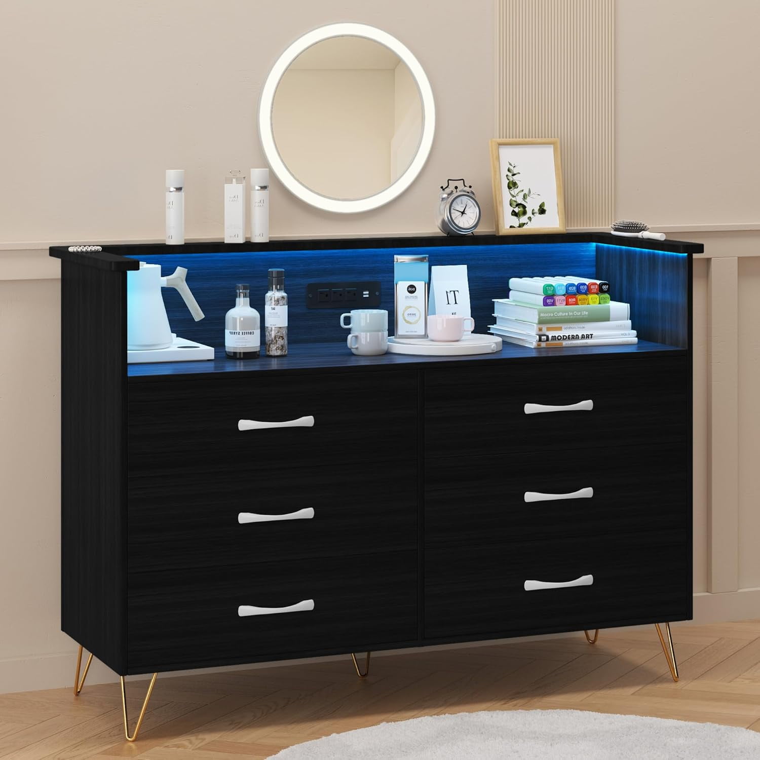 WALYWIK Black Bedroom Dresser with Electrical Outlet and LED Lights, 6 ...