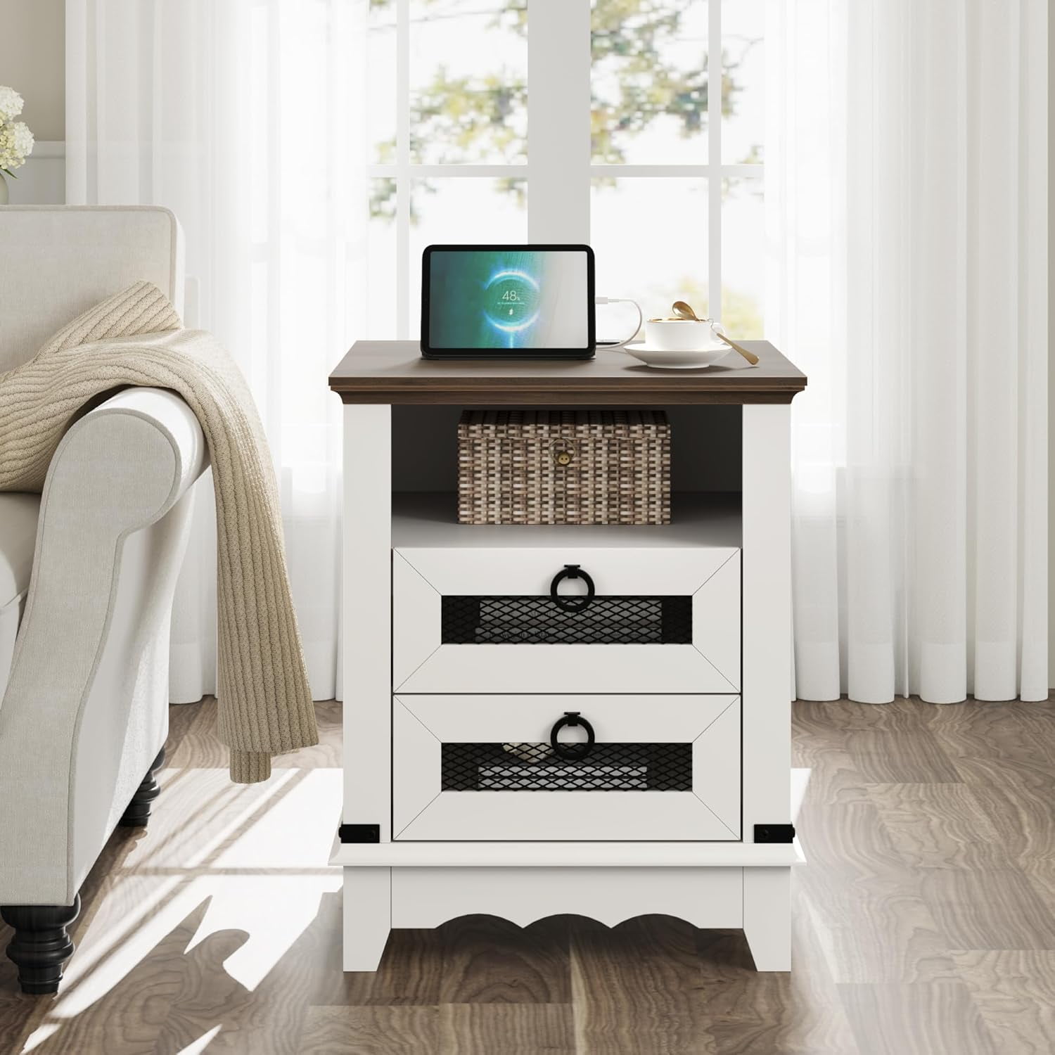 WALYWIK Farmhouse Nightstand 18" inch Side Table with Charging Station ...
