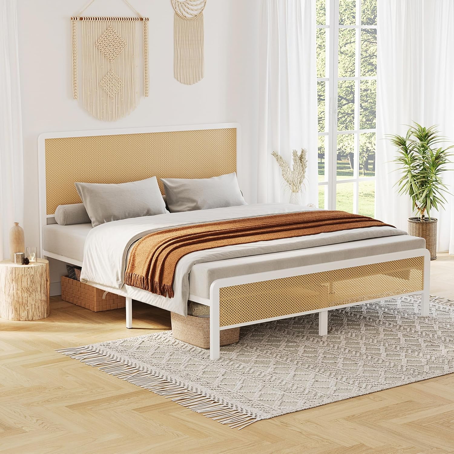 WALYWIK Full Rattan Bed Frame with Rattan Headboard, Modern Style Cane ...