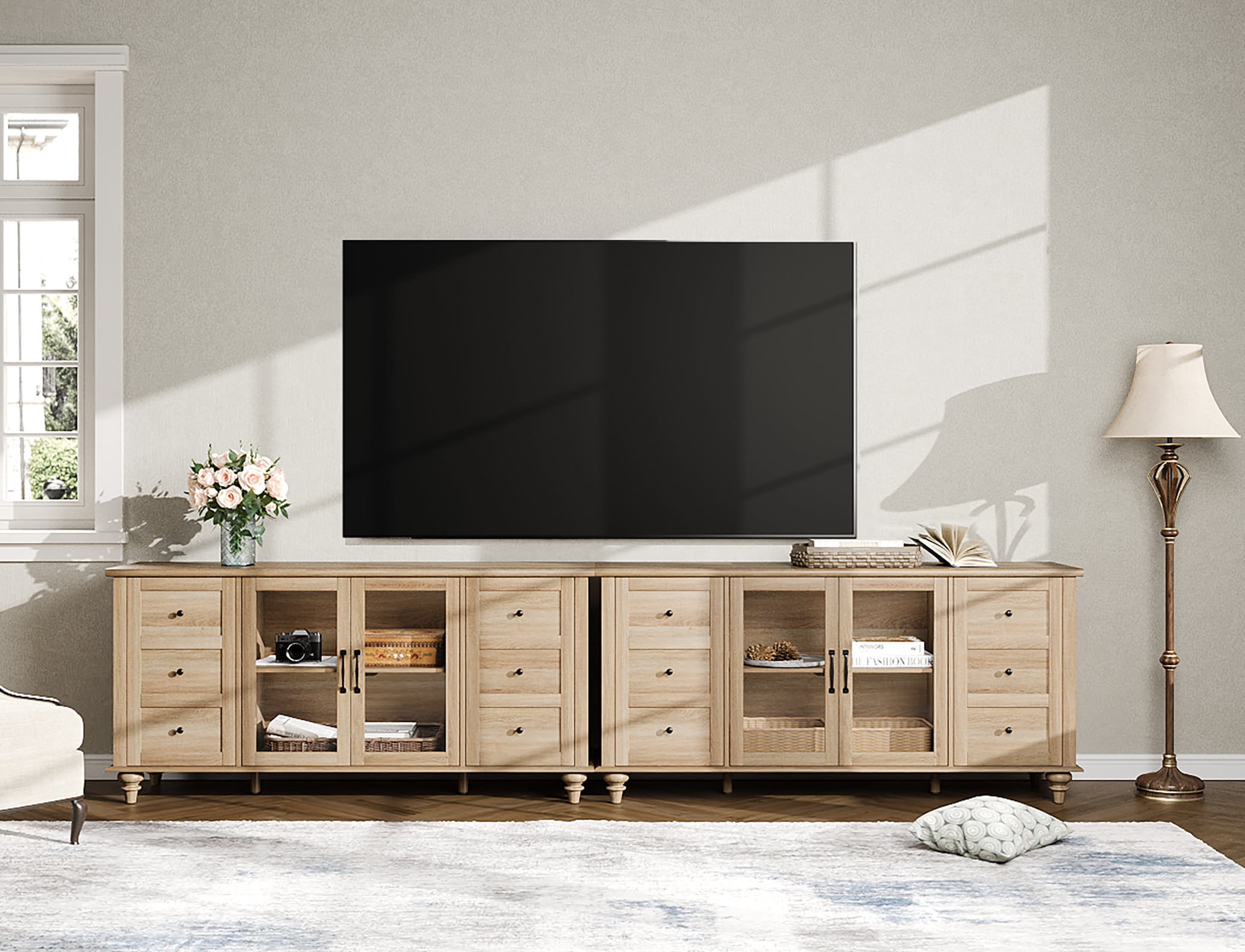 WAMPAT 116'' Farmhouse TV Stand for TVs Up to 110 inch,Glass and Wood ...