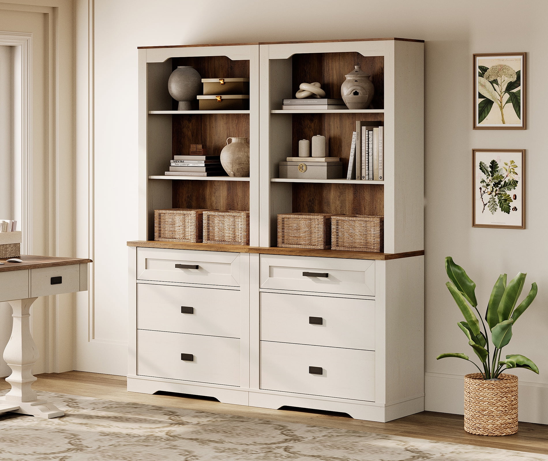 WAMPAT 2 Column 3 Tier Bookcase with Drawer,73.3" Tall Floor Standing ...