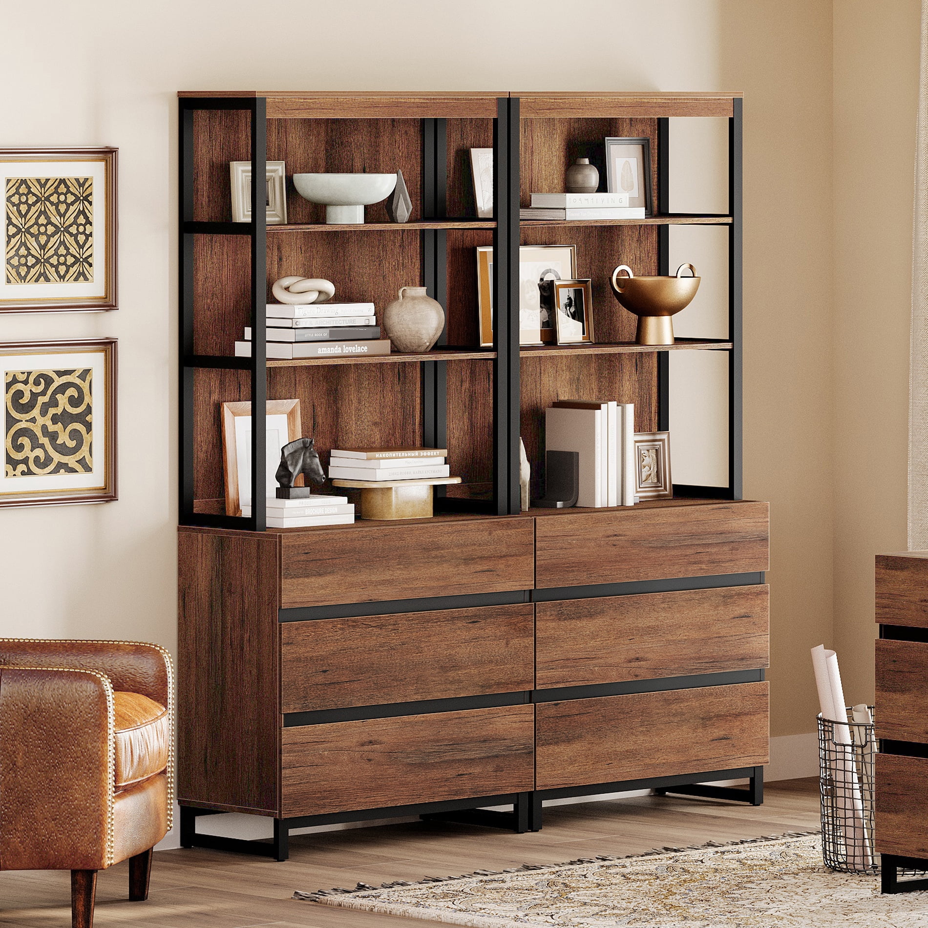 WAMPAT 2 PCS Modern 72" Tall Bookcase with 6 Drawers and Open Book ...