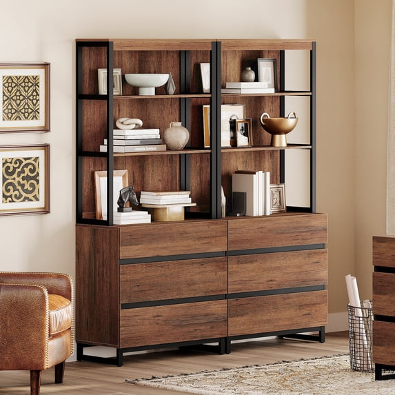 WAMPAT 2 PCS Modern 72" Tall Bookcase with 6 Drawers and Open Book ...