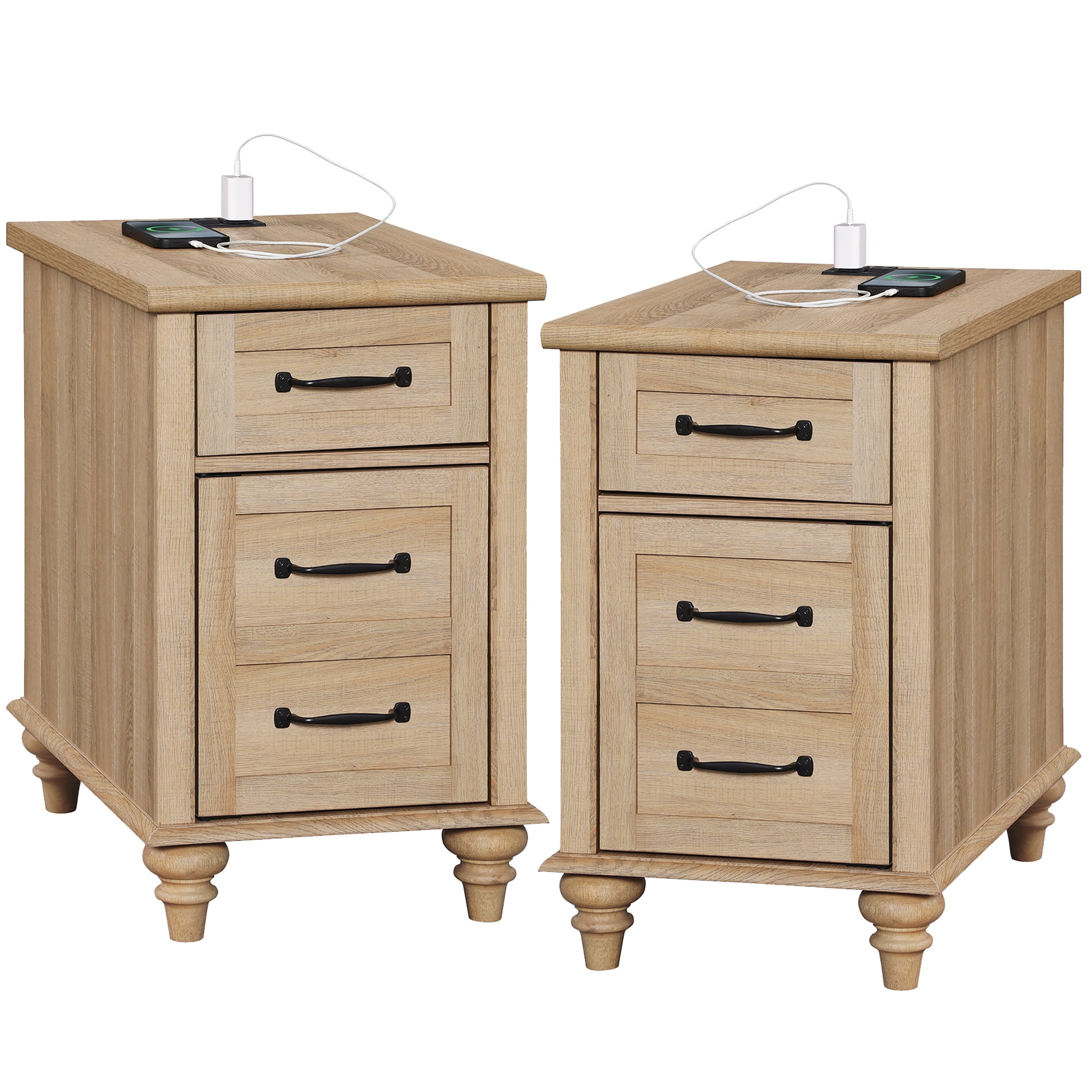 WAMPAT 2 Pack End Table with Charging Station, Wood Side Table with ...