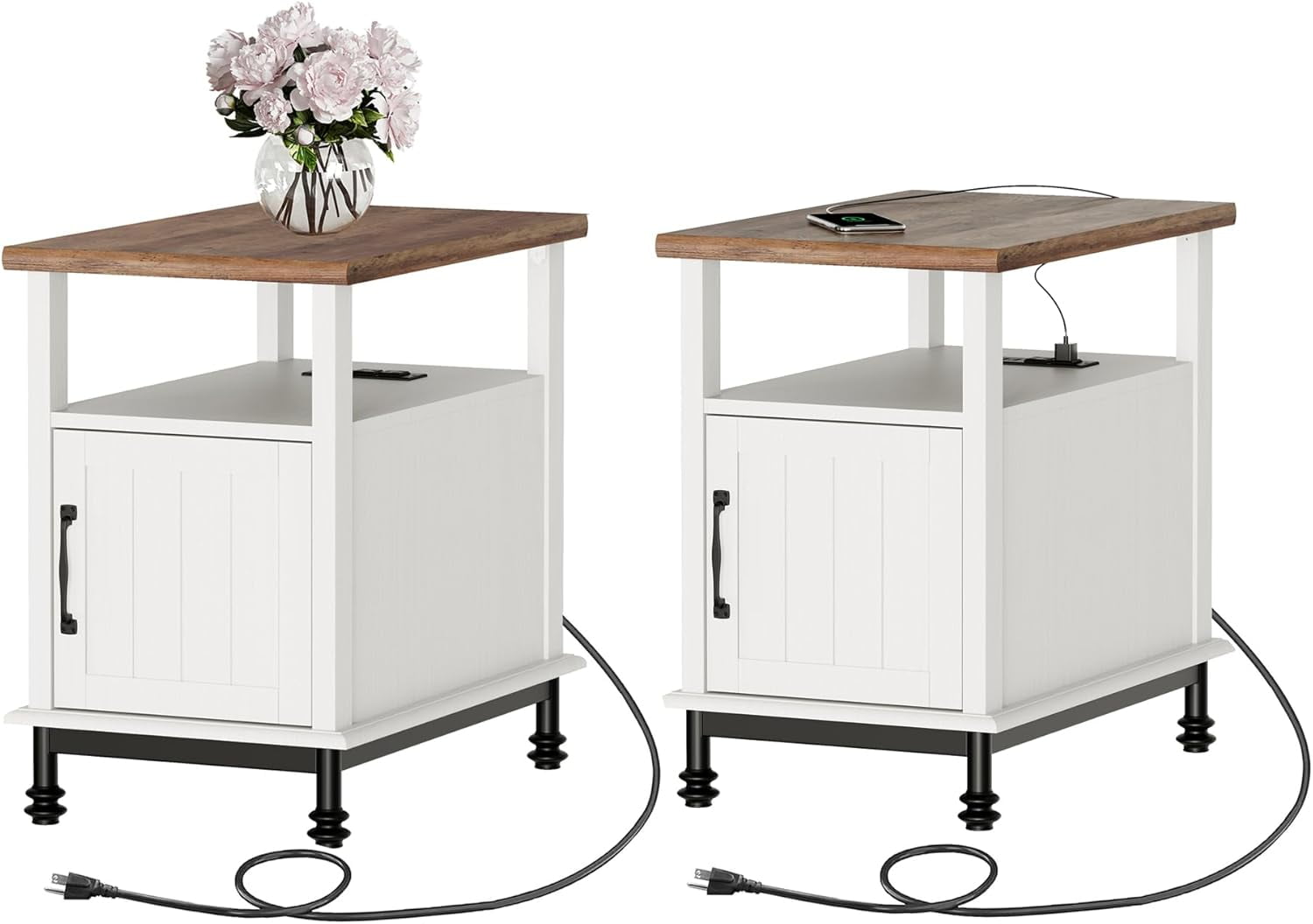 WAMPAT 2 Pack Farmhouse End Table with Charging Station for Living Room ...