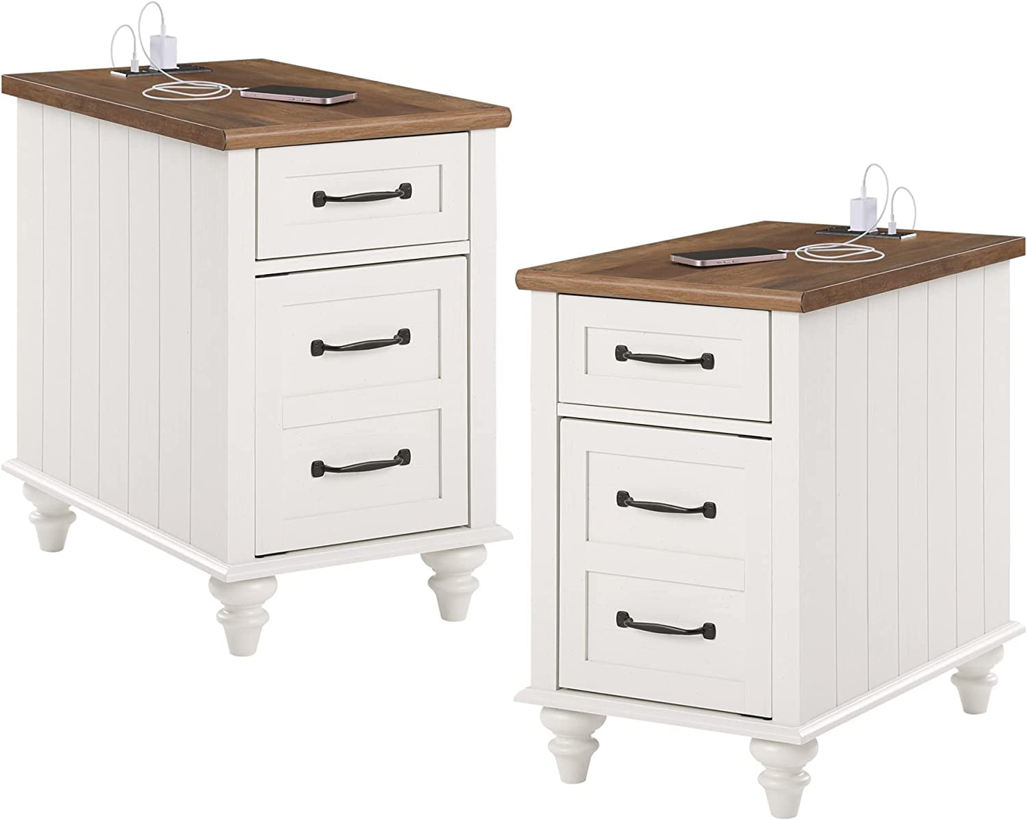 WAMPAT 2 Piece White End Table with Charging Station, End Table Side ...