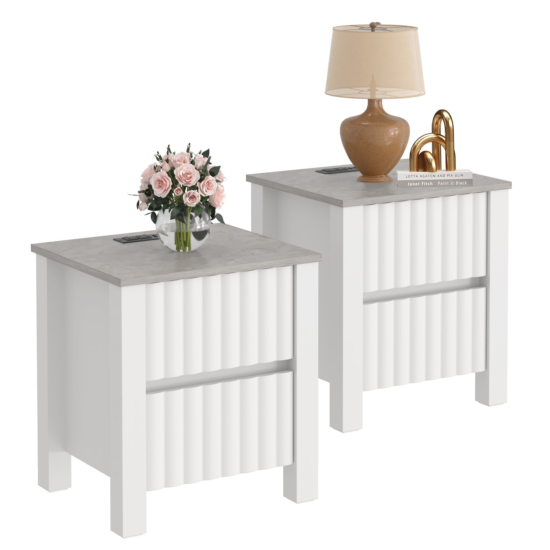 WAMPAT 2 Set Farmhouse End Table with Charging Station, White Wood Sofa ...