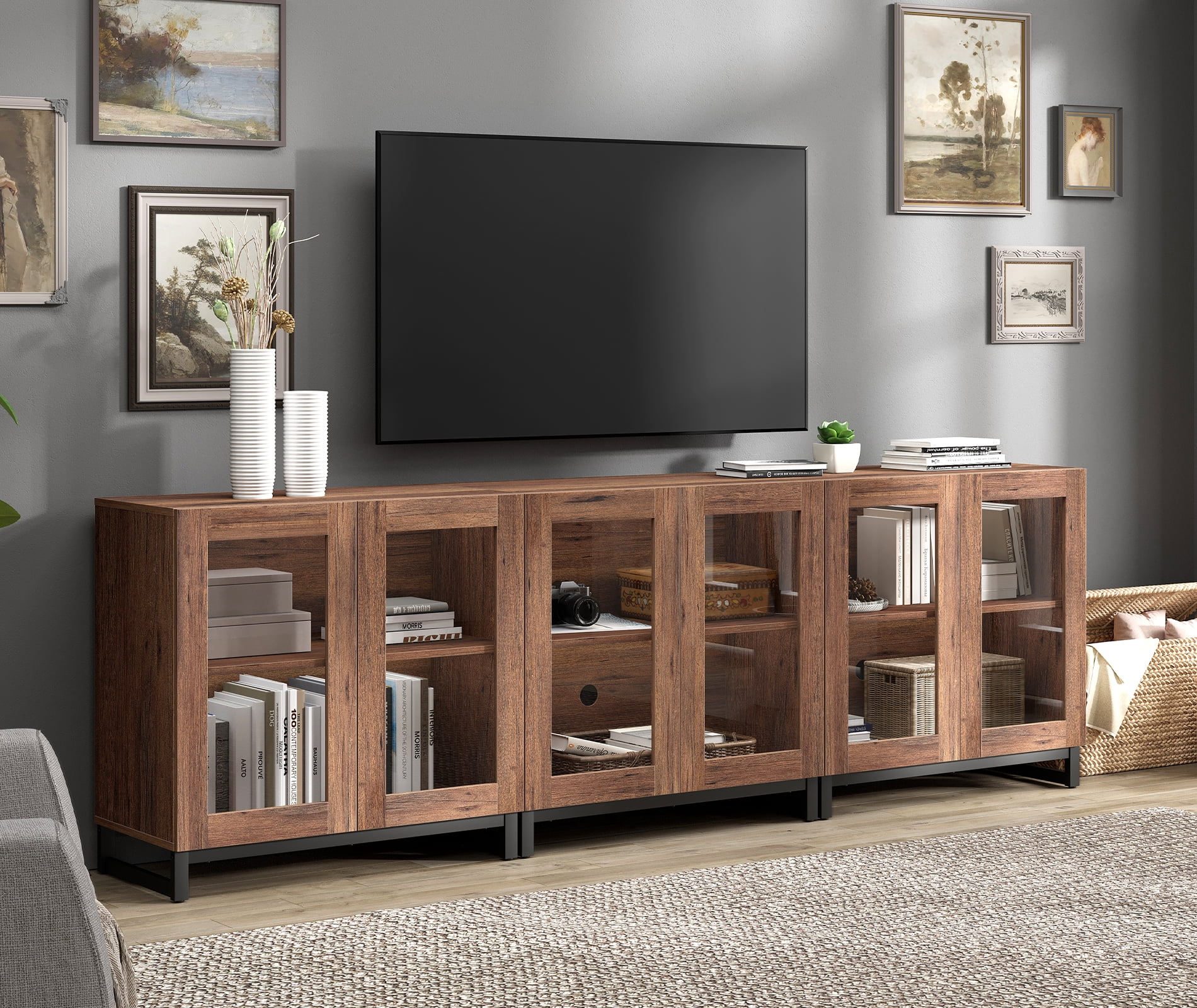WAMPAT Modern TV Stand with Glass Doors for 110 inch TVs, Farmhouse ...