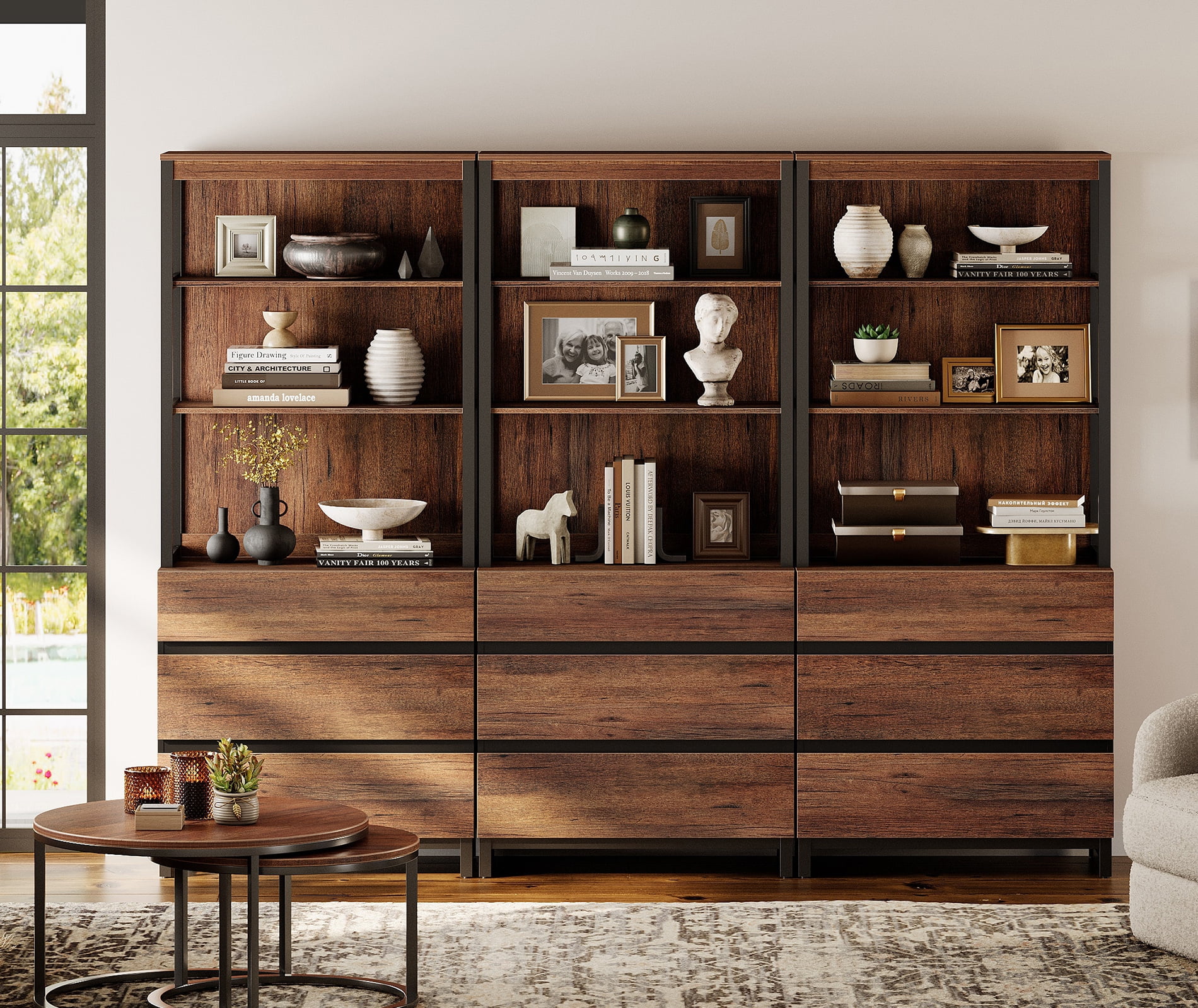 WAMPAT 3 PCS Modern 72" Tall Bookcase with 9 Drawers and Open Book ...