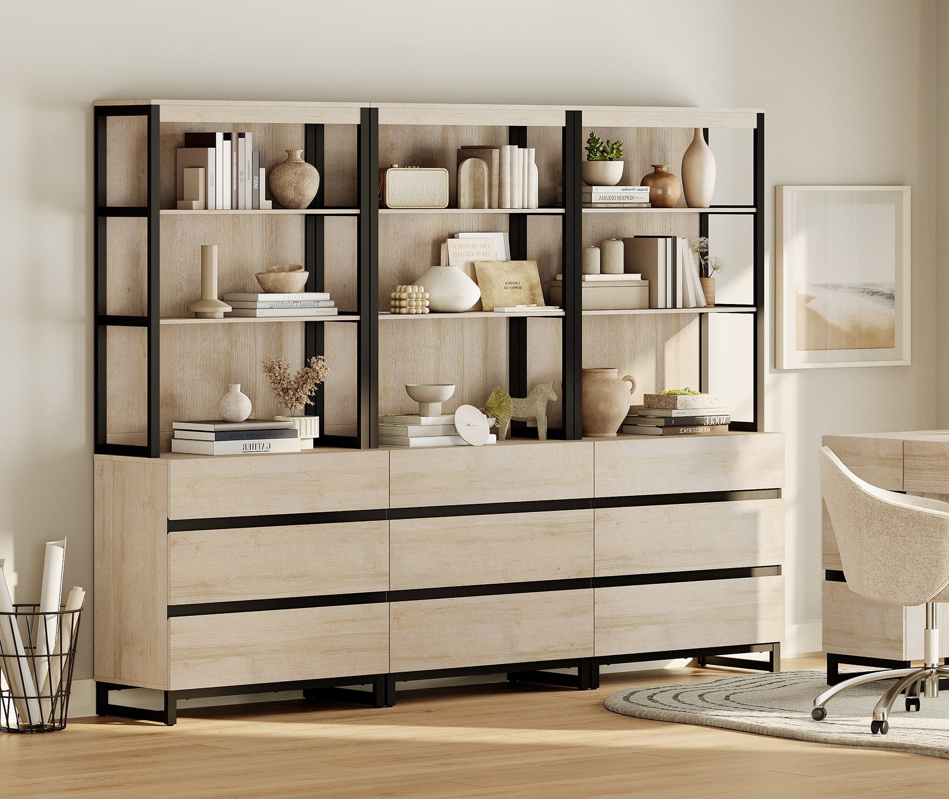 WAMPAT 3-Piece Modern 72" Tall Freestanding Bookcase，9 Drawers, Open ...