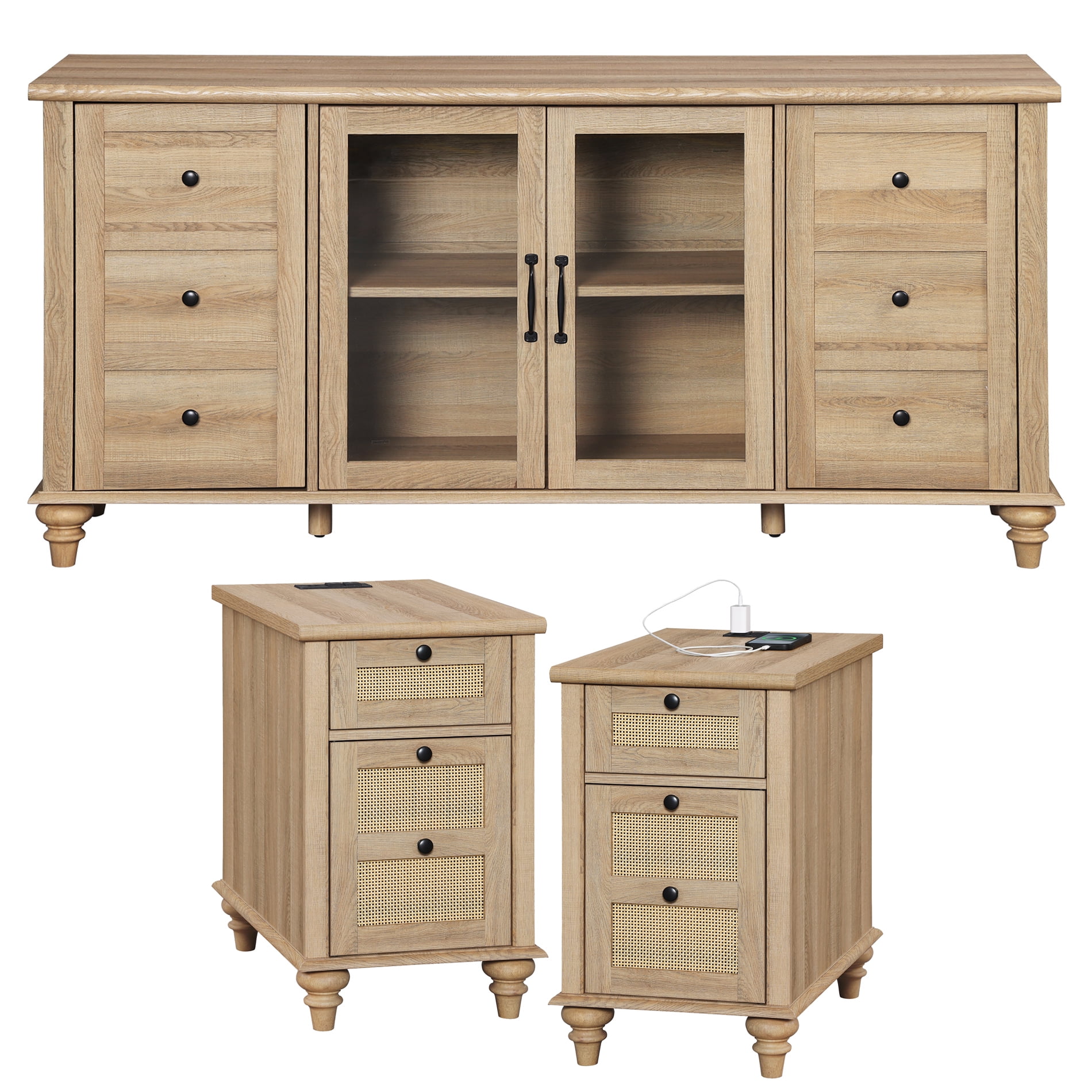 WAMPAT 3-Piece TV Stand Set, Glass Door Stand, 2 End Tables with ...