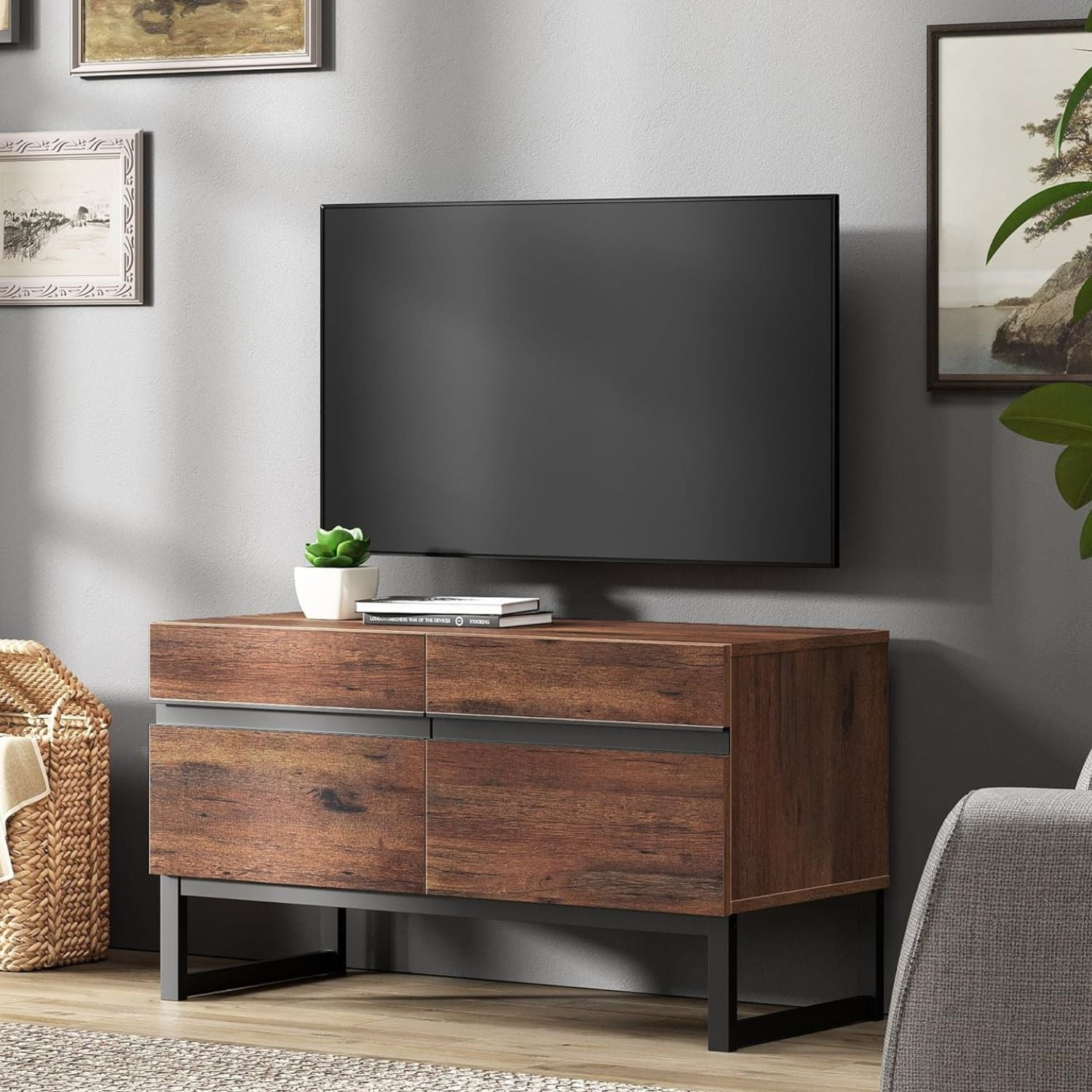 WAMPAT 35.4" Modern TV Stand for TVs up to 50 inch, Wood Entertainment ...